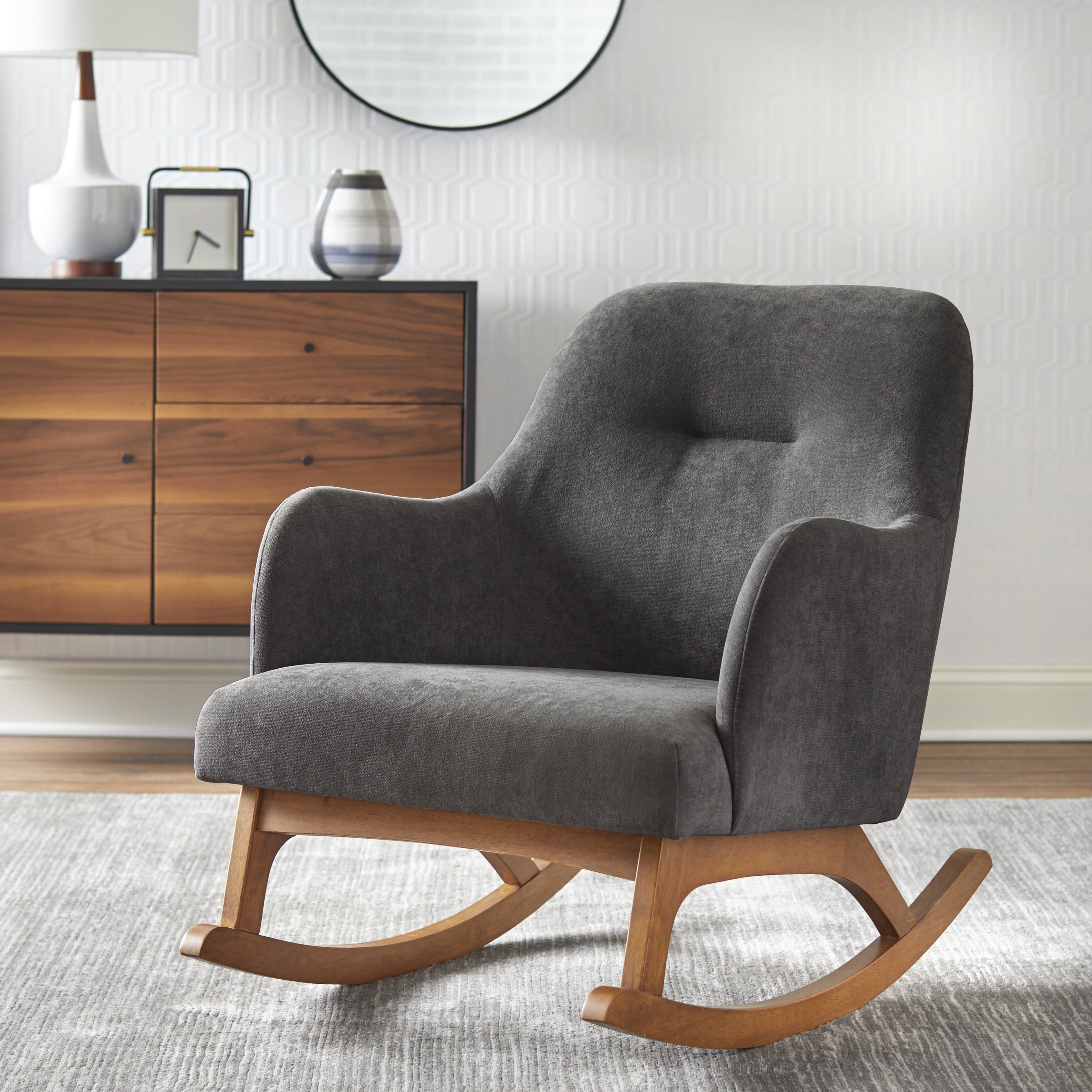 TMS Mick Upholstered Wood Rocking Chair, Dark Gray Linen Type Fabric ...