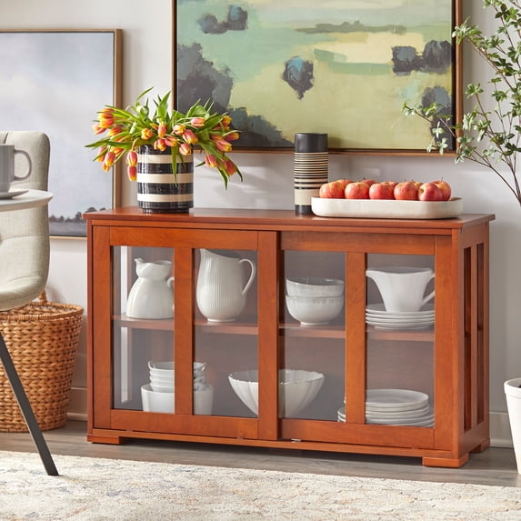 TMS Pacific Wood and Glass Sliding Door Storage Cabinet Unit, Walnut ...