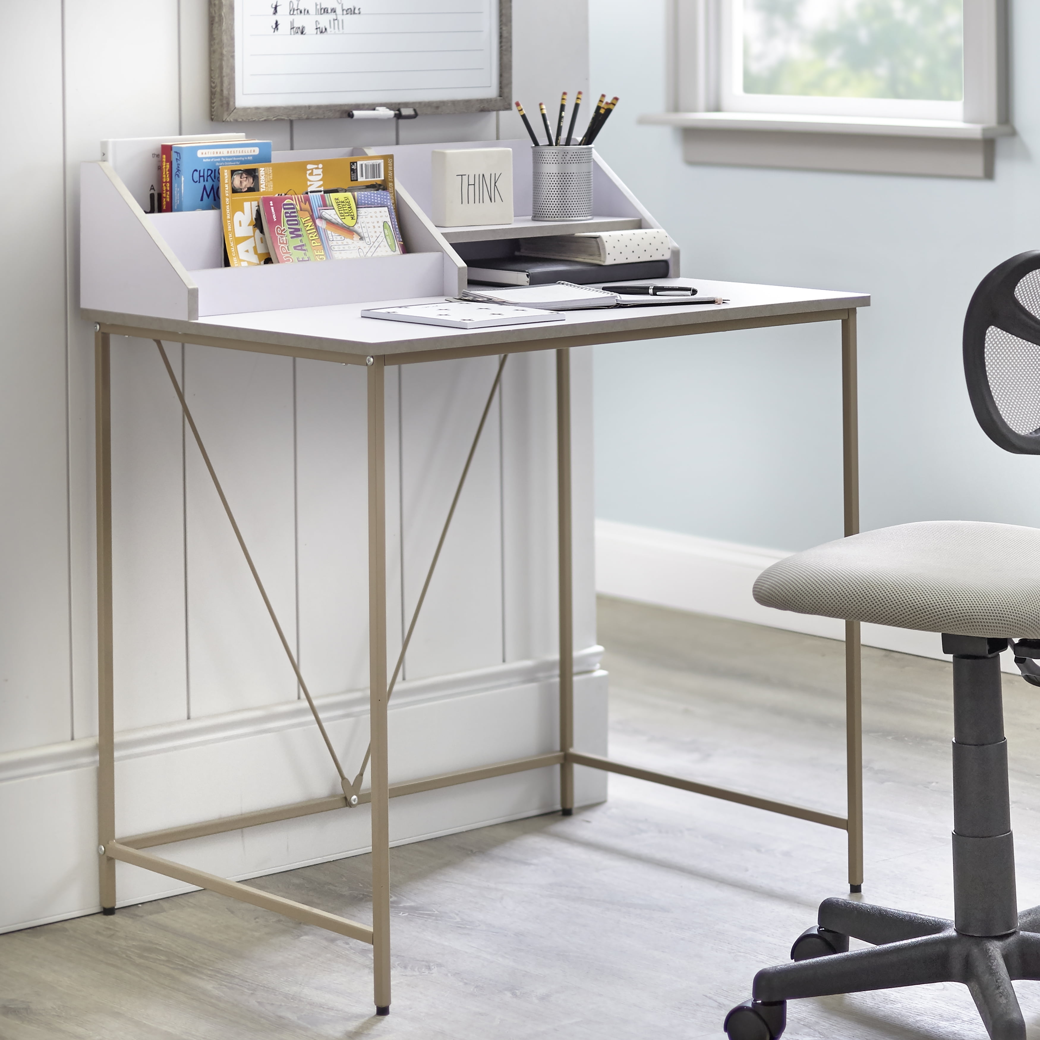 TMS Quincy Kids Writing Desk with Hutch and Swivel Task Chair, White ...