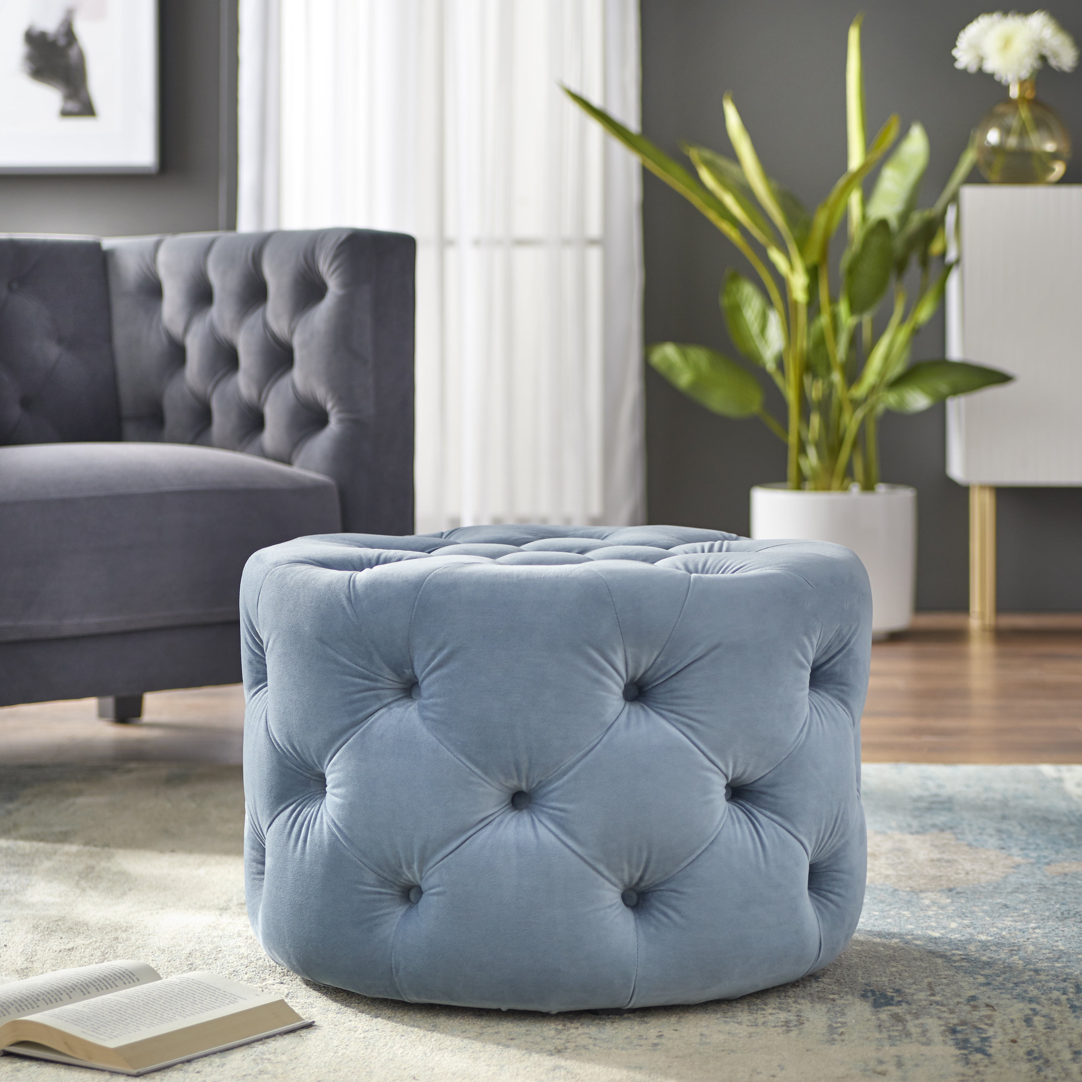 TMS Scopi 24" Upholstered Round Ottoman, Light Blue - Walmart.com