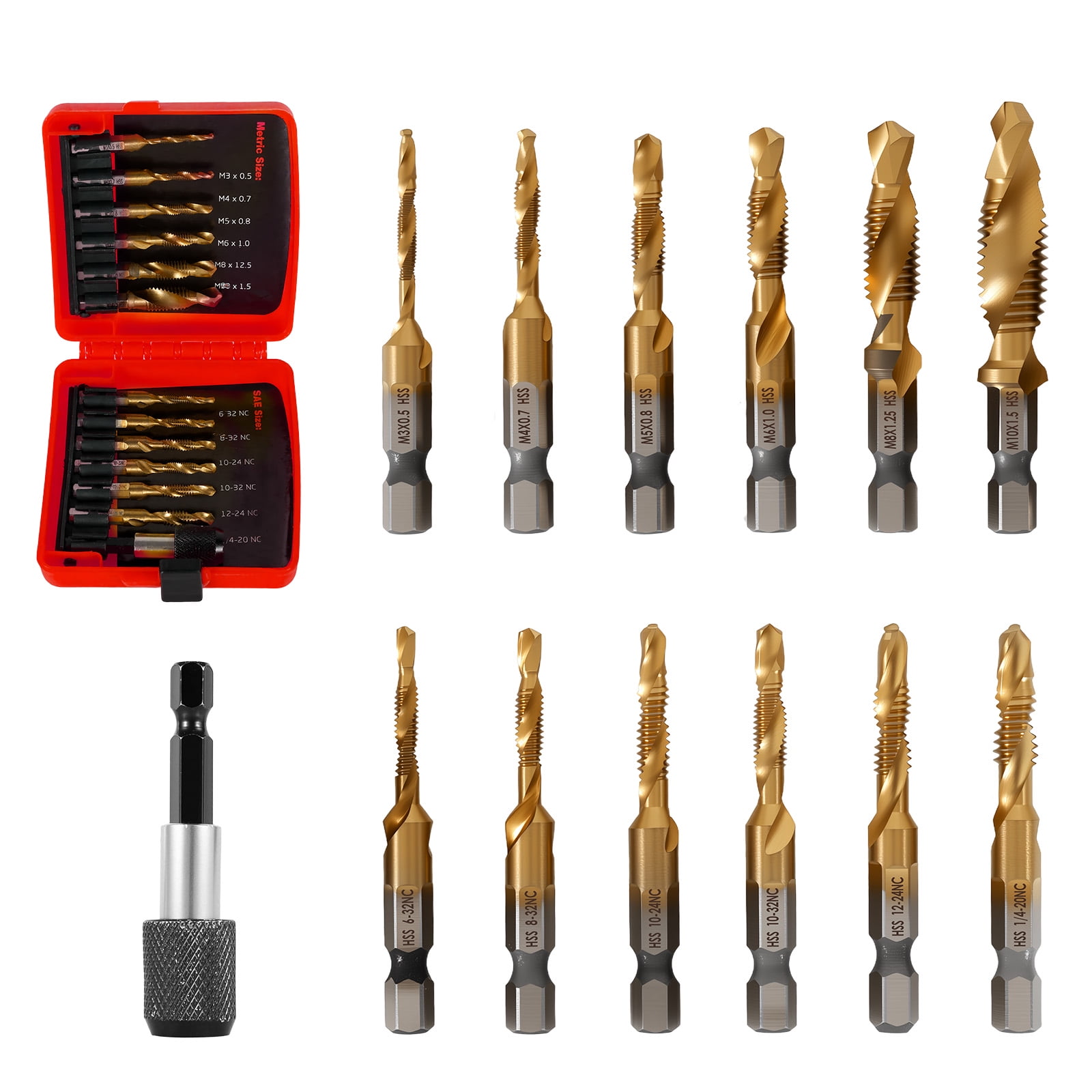 TMWEFUSC Combination Drill Tap Bit Set 13 Pcs SAE and Metric Titanium ...
