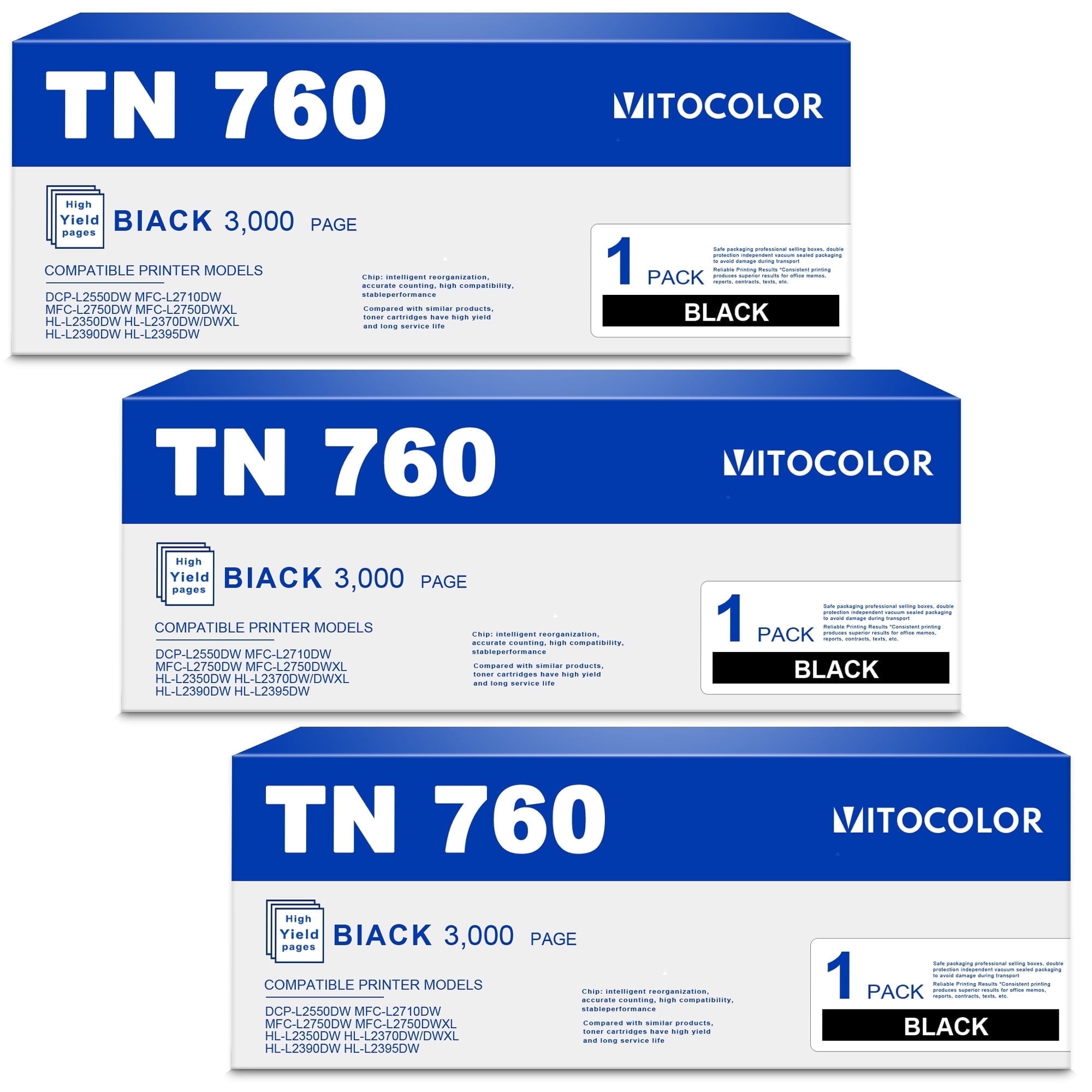 Brother Compatible TN760 Toner Cartridge Replacement, 3-Pack Black for ...