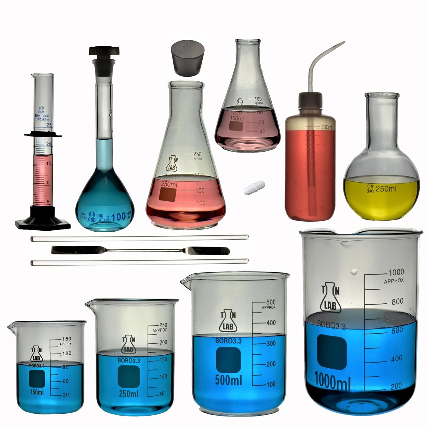 TN Lab Glassware 15-Piece Kit Chemistry Laboratory Glass Super Set ...