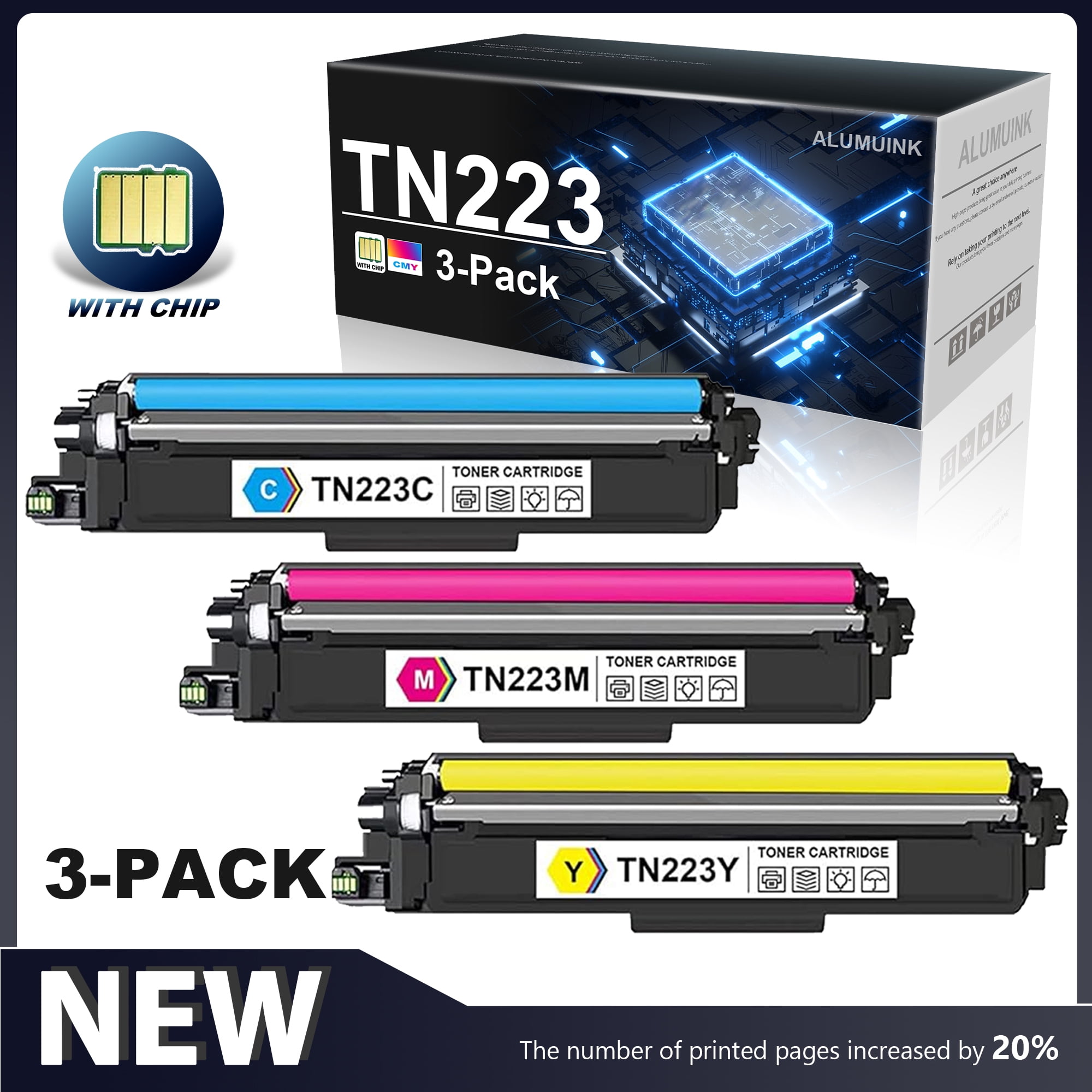 TN223 3-Pack (C/M/Y) Cartridge Toner Cartridge Replacement for Brother ...