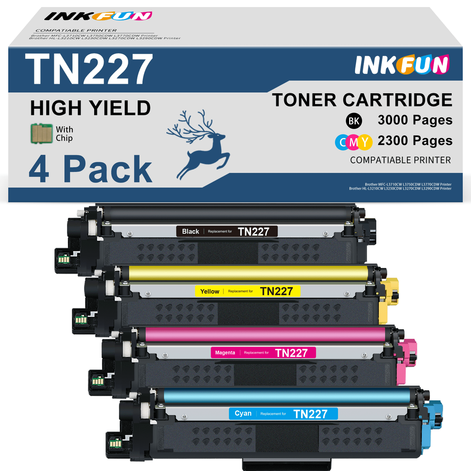 INKFUN TN227 High Yield Toner Cartridge Set, Black Cyan Magenta Yellow ...