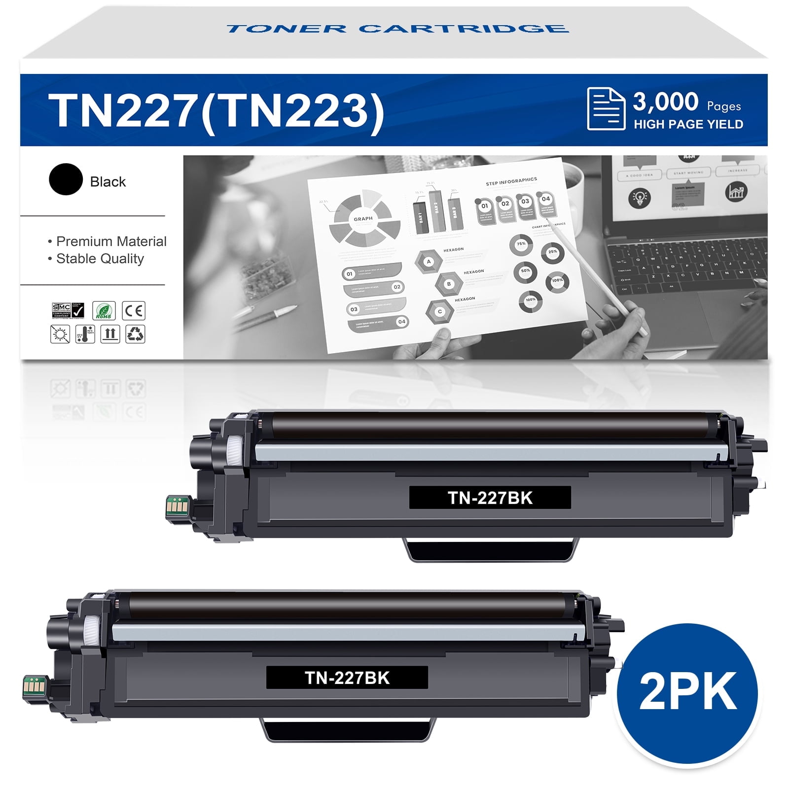 Toner Bank TN227BK Compatible Cartridge for Brother Printers (2-Pack ...