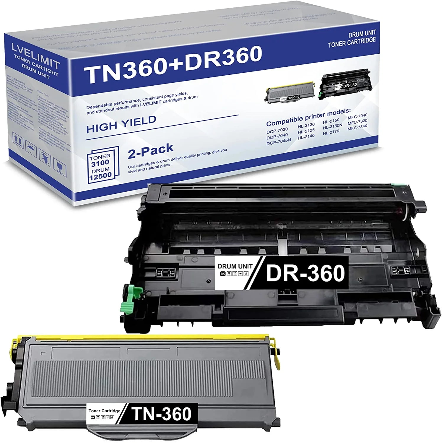 TN360 Toner Cartridge & DR360 Drum Unit Replacement for Brother DCP-7030 Printer (1 Toner+1 Drum ...