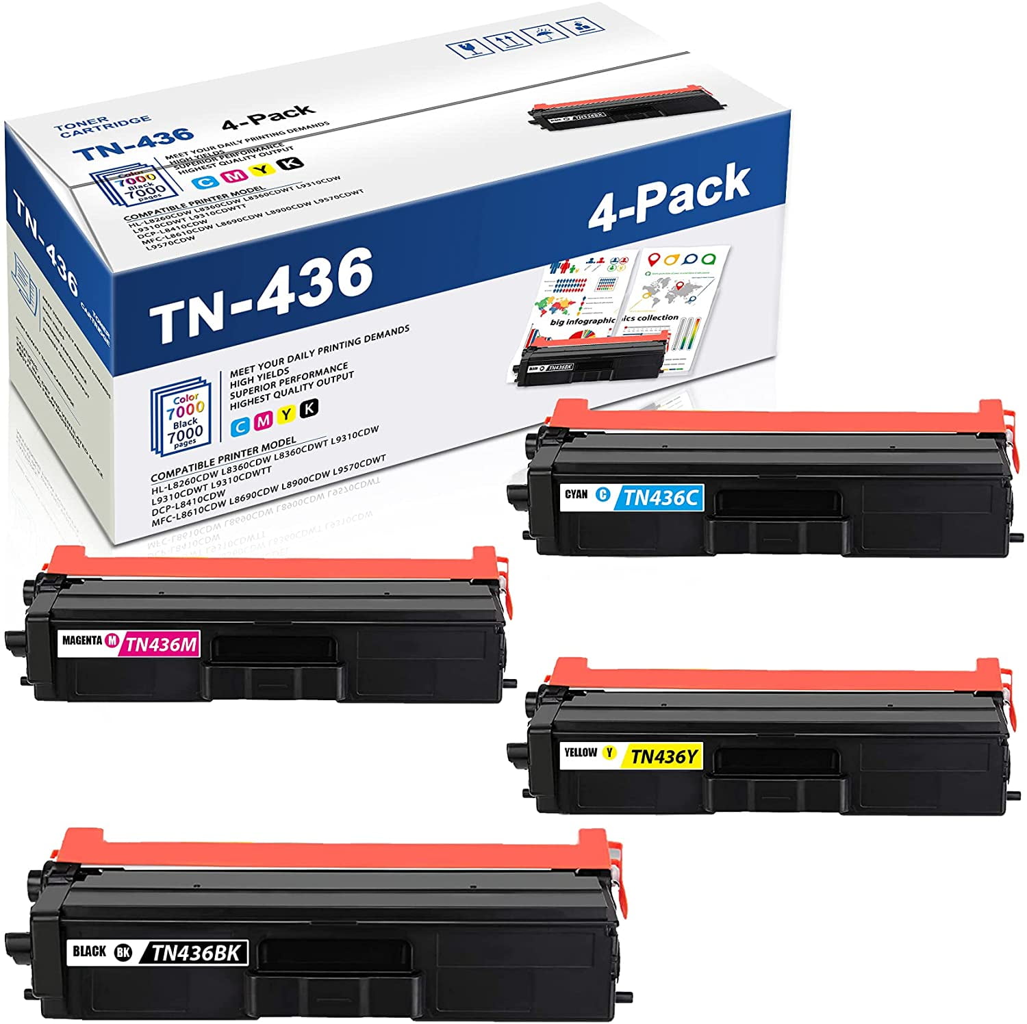 TN433 TN436 4-Pack Toner Cartridges for Brother MFC-L8900CDW, HL ...