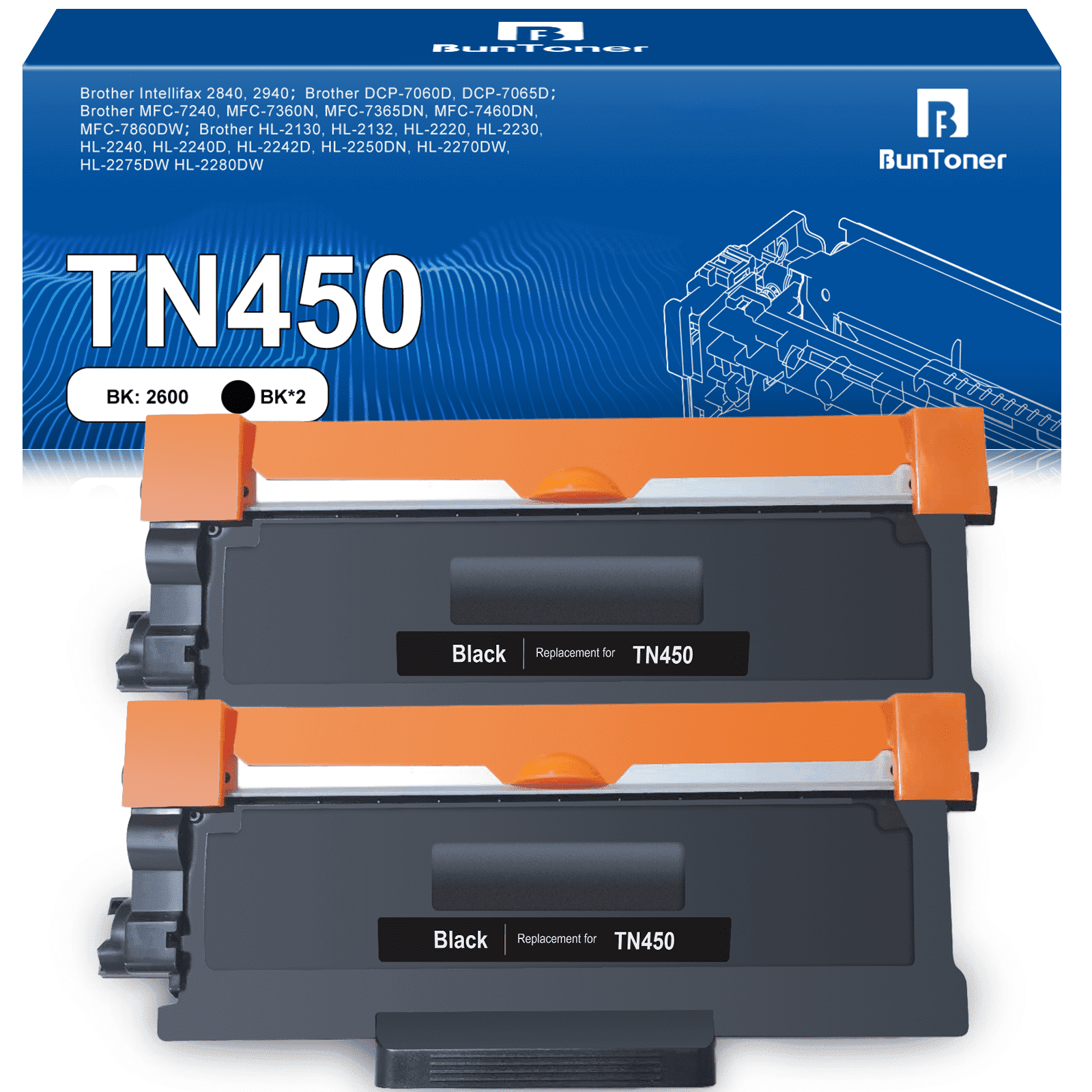 Brother Compatible TN450 Toner Cartridge, 2 Black, for HL-2270DW, HL ...