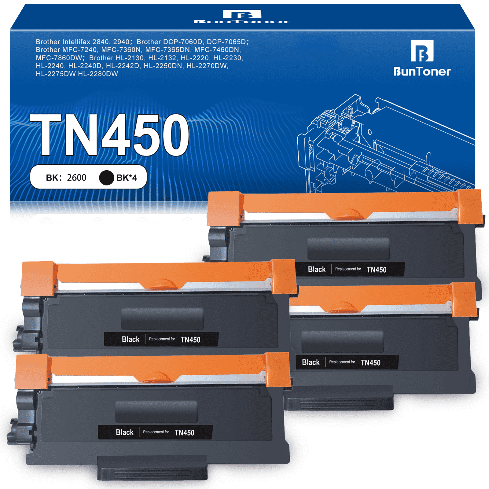 BUNTONER TN450 Toner Cartridge Replacement, 4 Pack Black, Compatible ...