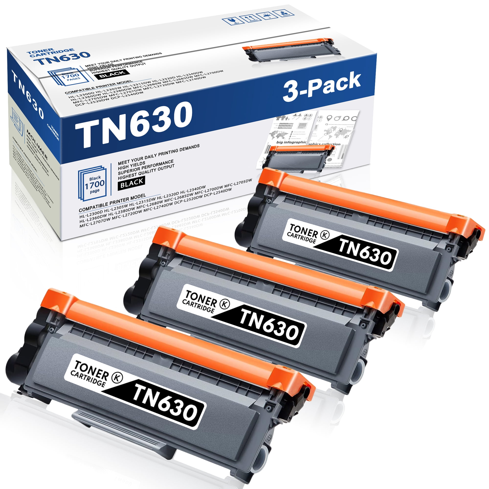 Brother TN630 Compatible Black Toner Cartridge, High Yield, 3 Pack for ...