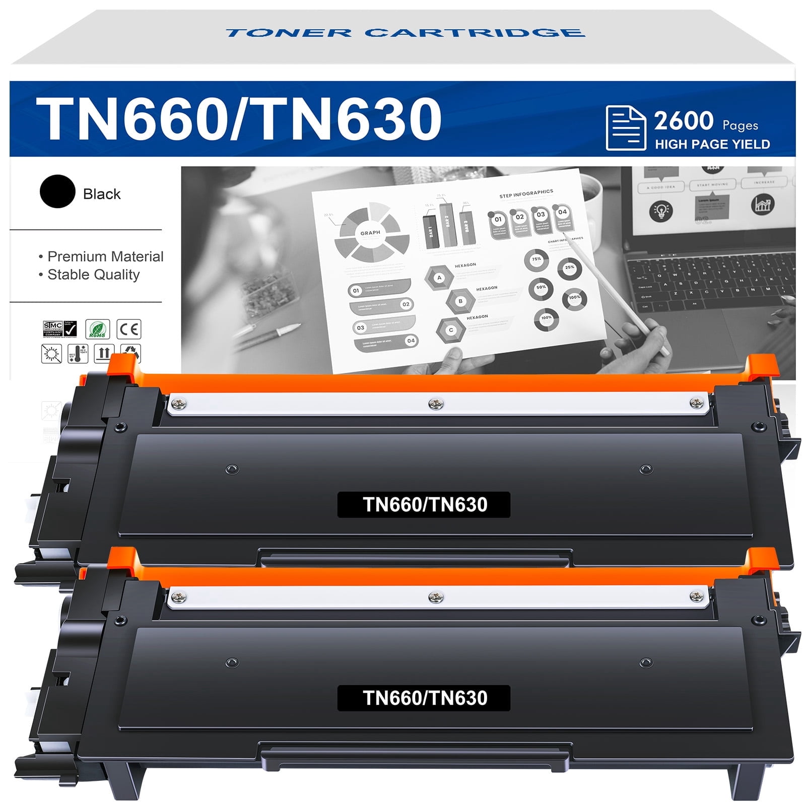 Toner Bank 2-Pack Compatible Cartridge for Brother TN630 TN660, For DCP ...