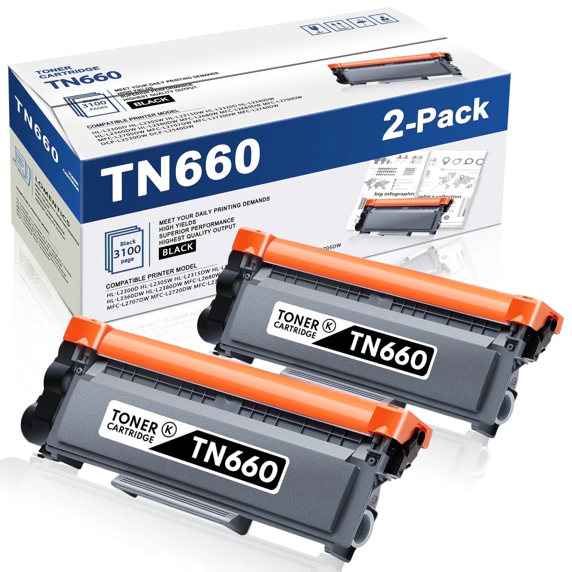 2-Pack Brother TN660 Toner Cartridge, Black, For DCP-L2520DW, DCP ...