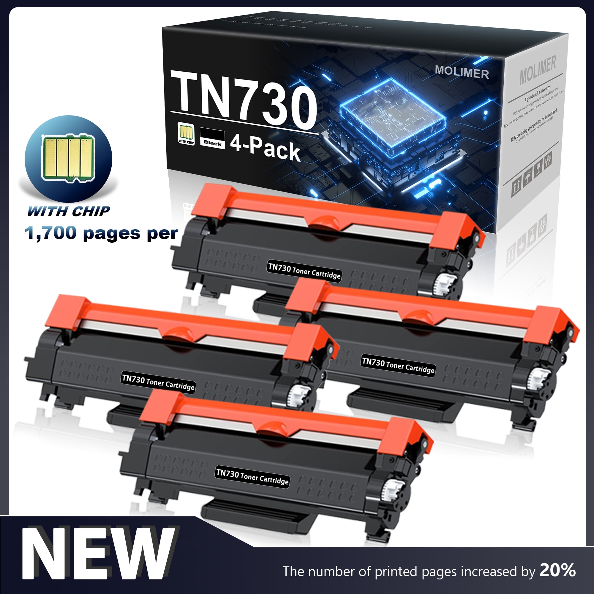 TN730 TN-730 Toner Cartridge 4 Pack Black Replacement for Brother TN ...