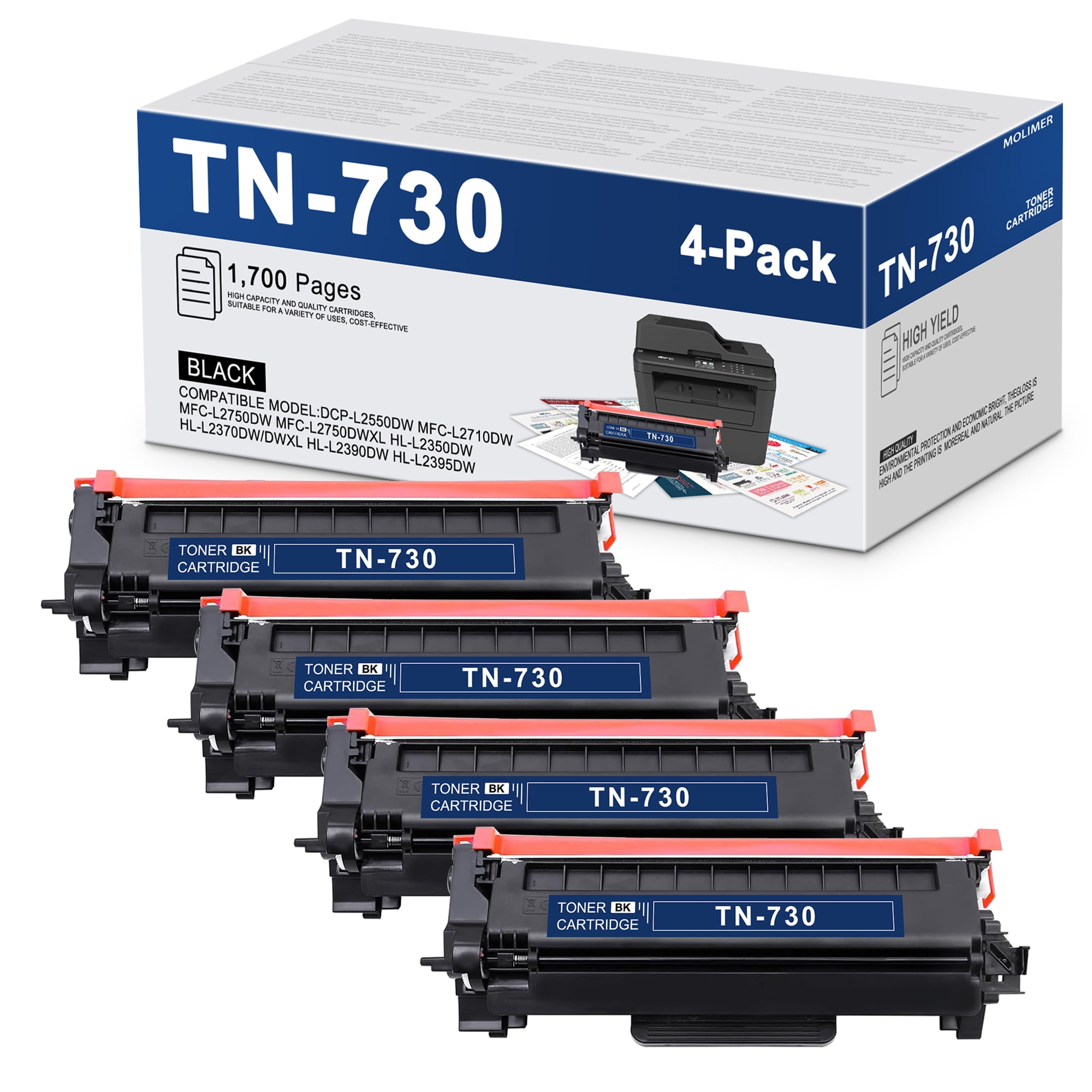 TN730 TN-730 Toner Cartridge 4 Pack Black Replacement for Brother TN ...