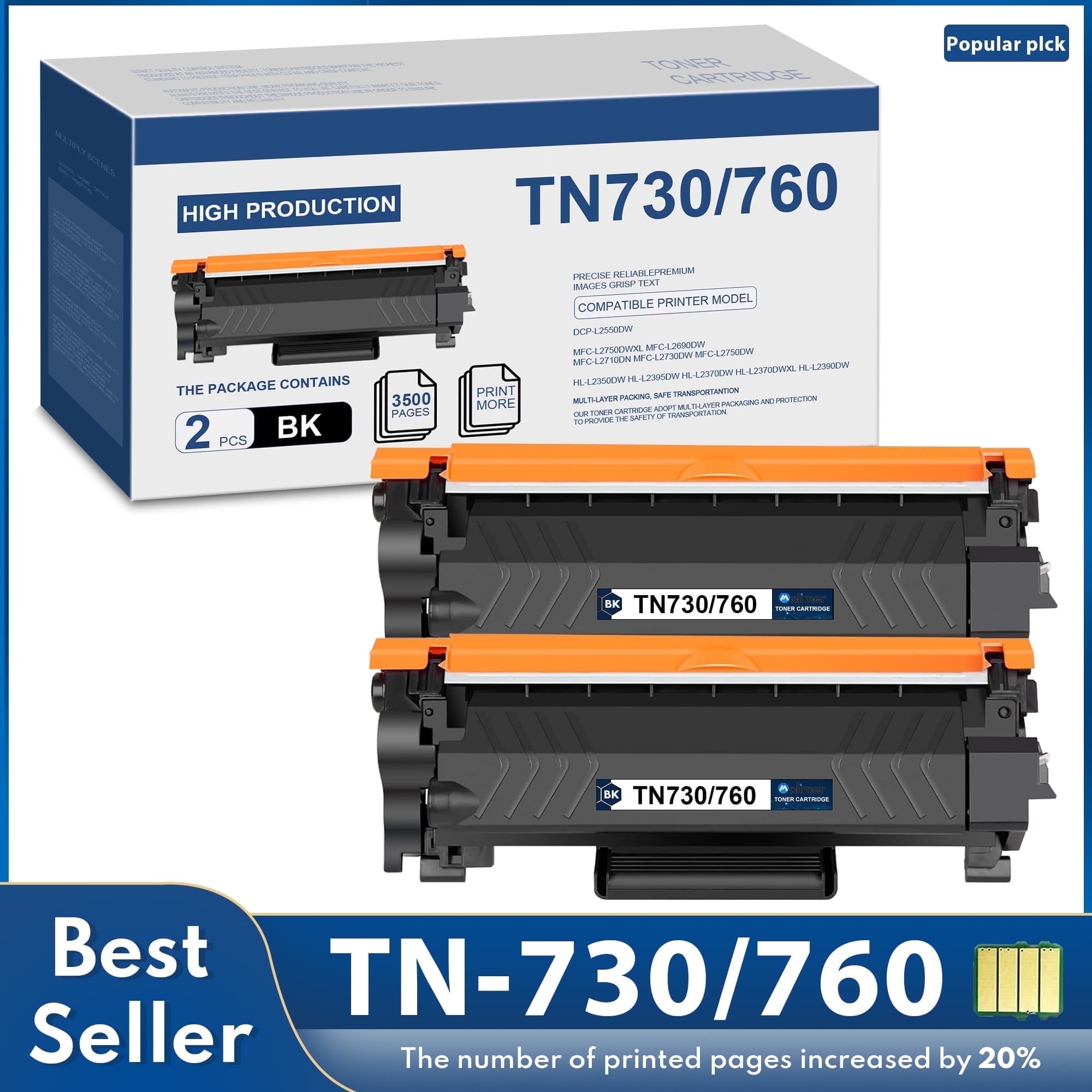 2-Pack High Yield TN730/TN760 Black Toner Cartridge: Fits Brother DCP ...