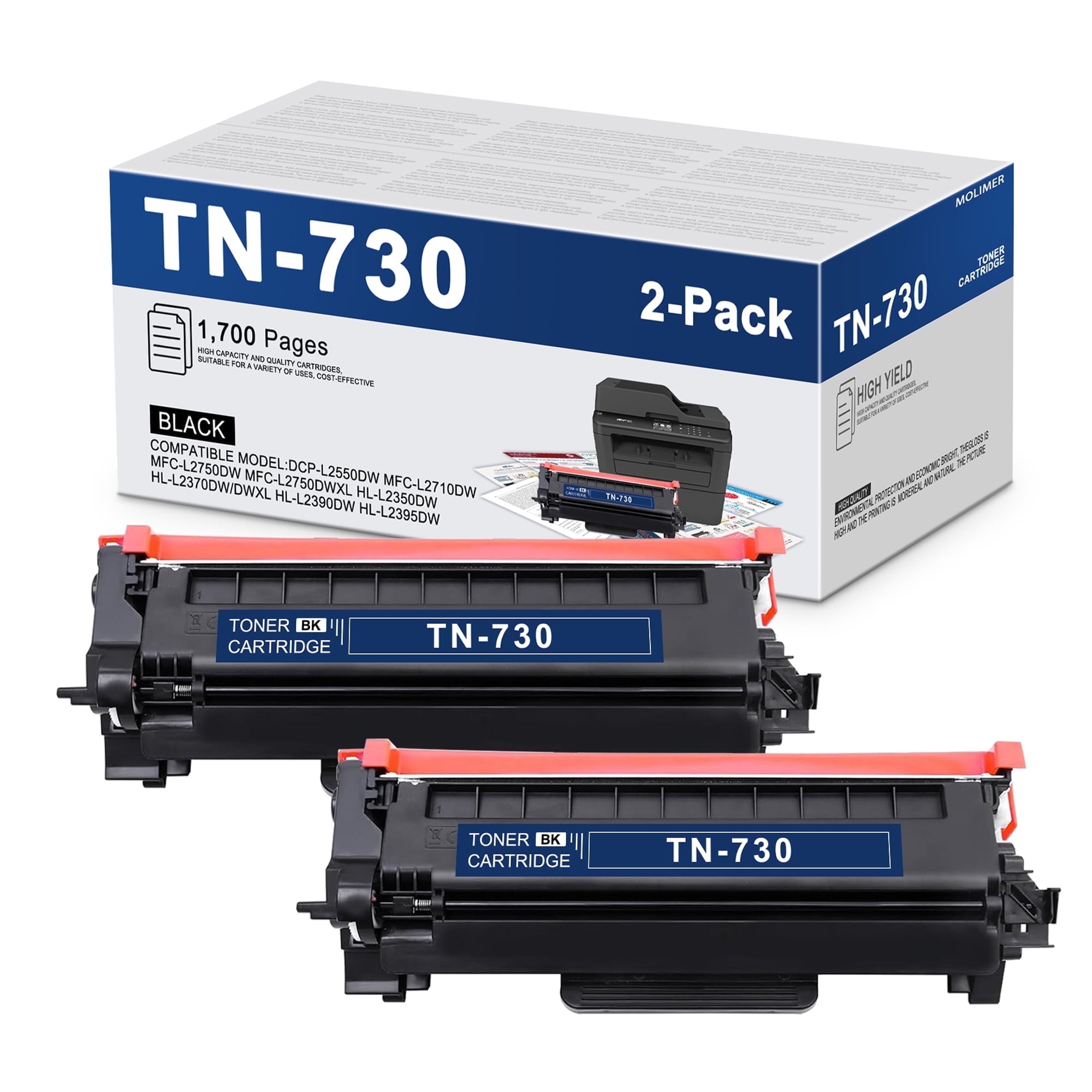 MOLIMER TN730 TN760 Toner Cartridge 2 Pack Black Compatible for Brother ...