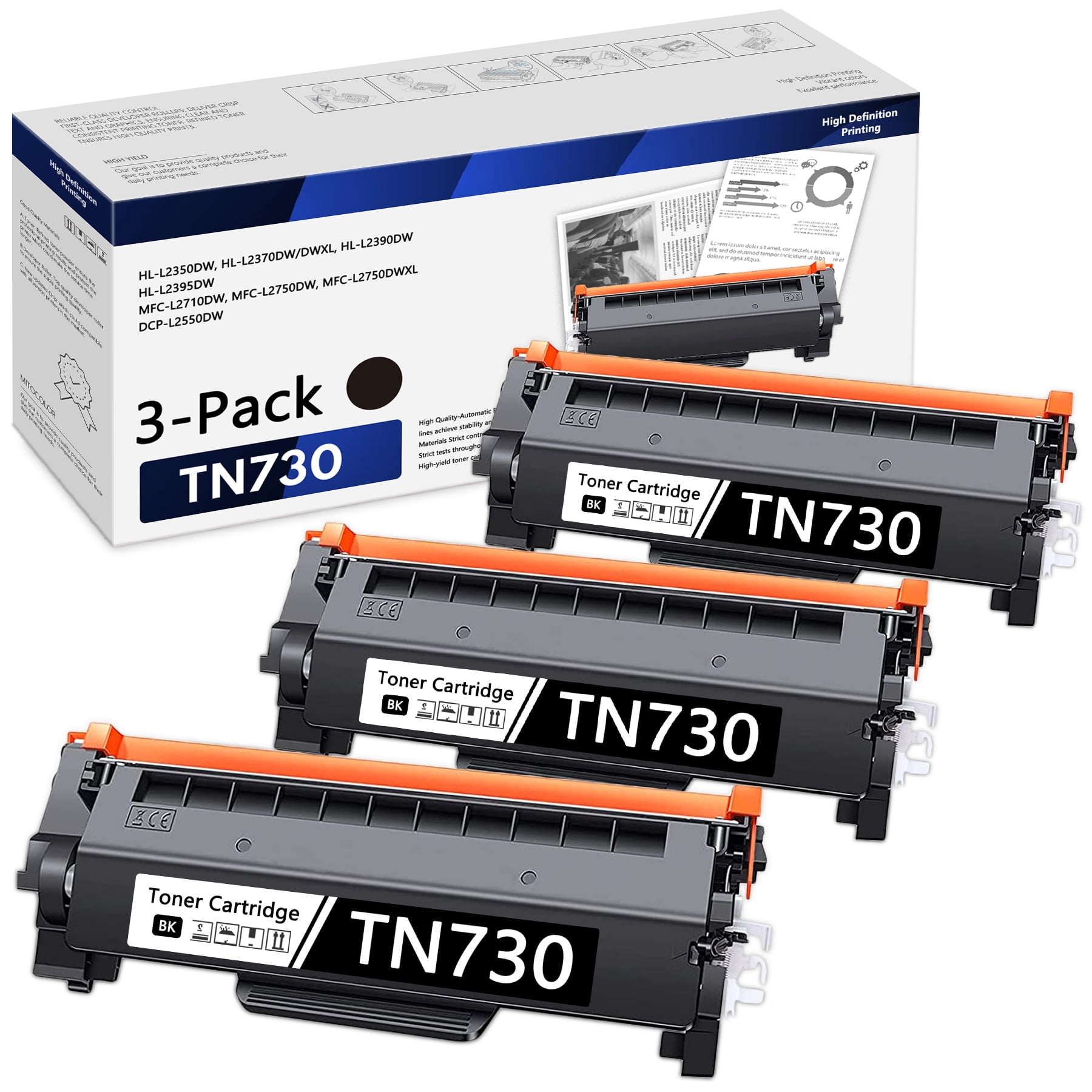 TN730 Toner Cartridge 3 Pack Black Replacement for Brother TN-730 MFC ...