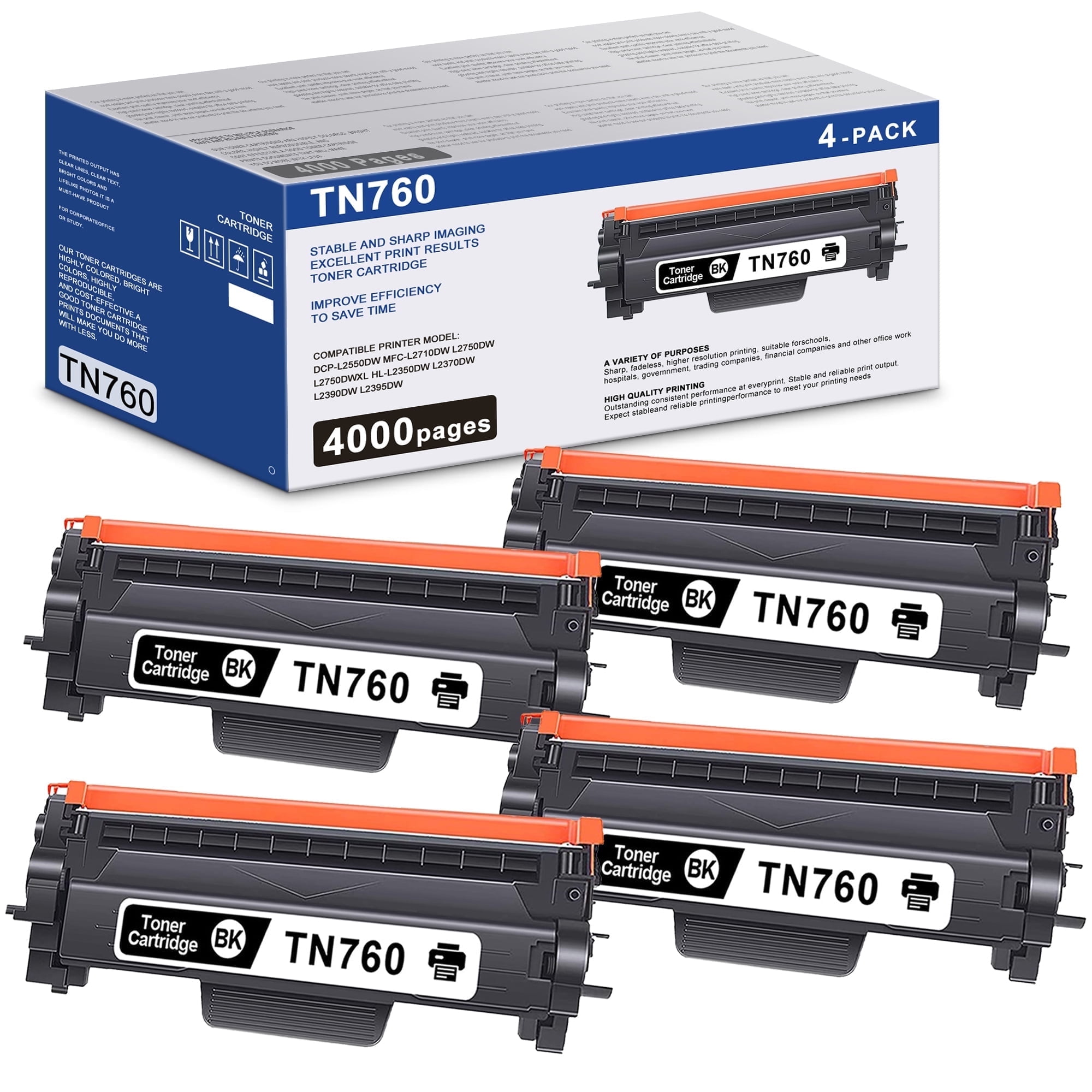 Brother Compatible High Yield Toner Cartridge TN760 4 Pack, 4000 Pages for HL-L2395DW, DCP ...