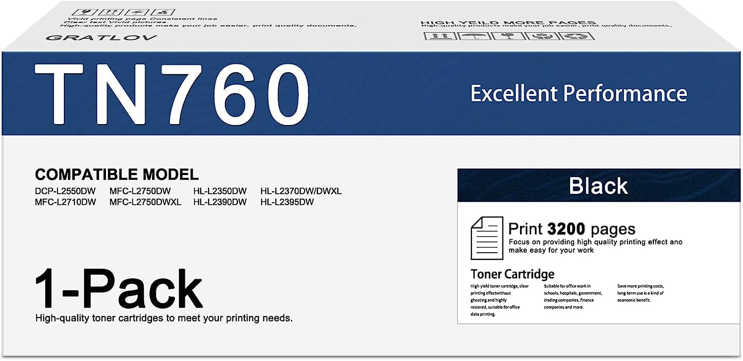 TN760 Black Toner Cartridge Replacement for Brother MFC-L2710DW 2550DW ...