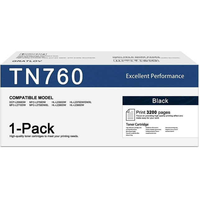 TN760 Black Toner Cartridge Replacement for Brother MFC-L2710DW 2550DW ...