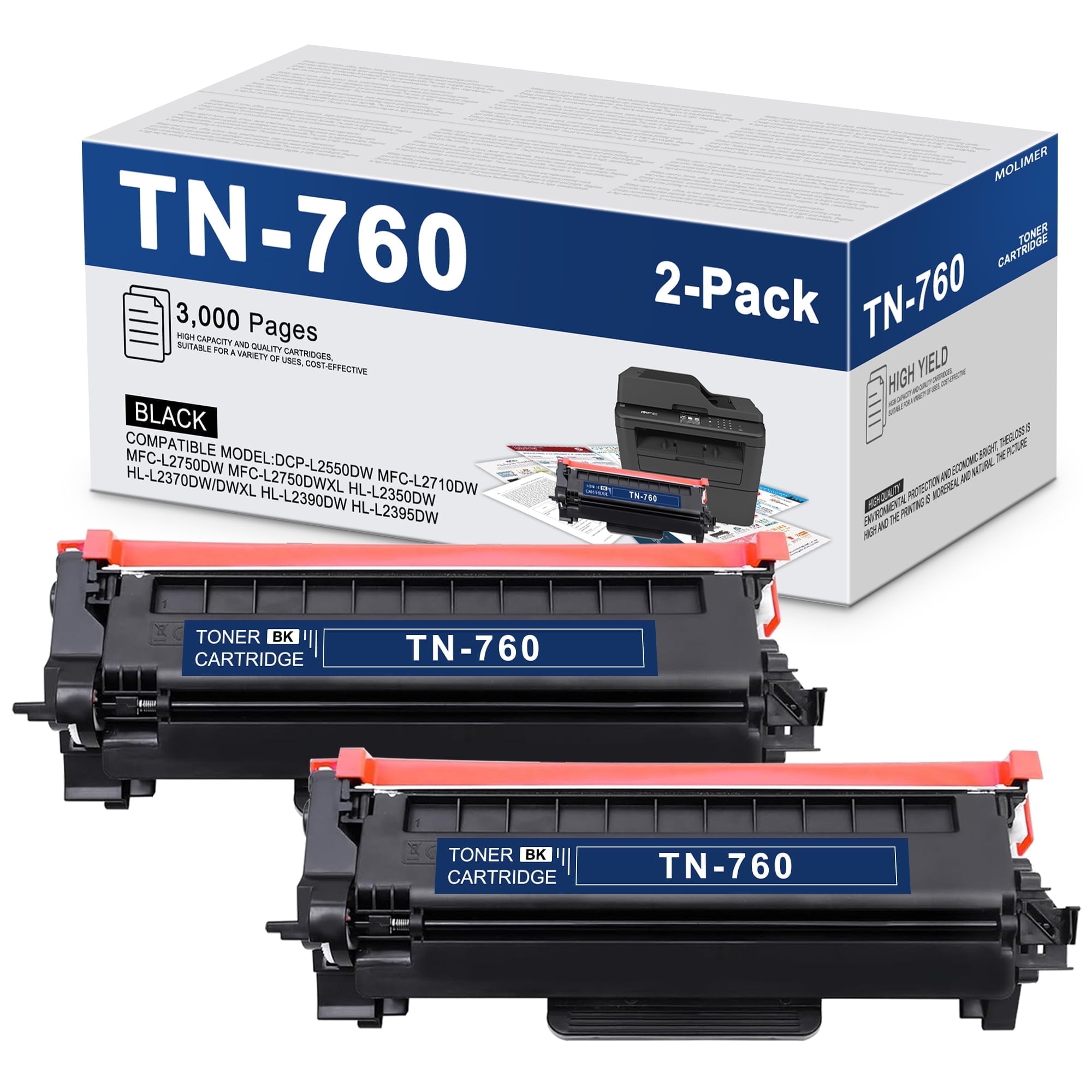 Brother TN760 High Yield Black Toner Cartridge, 2 Pack, Compatible with ...