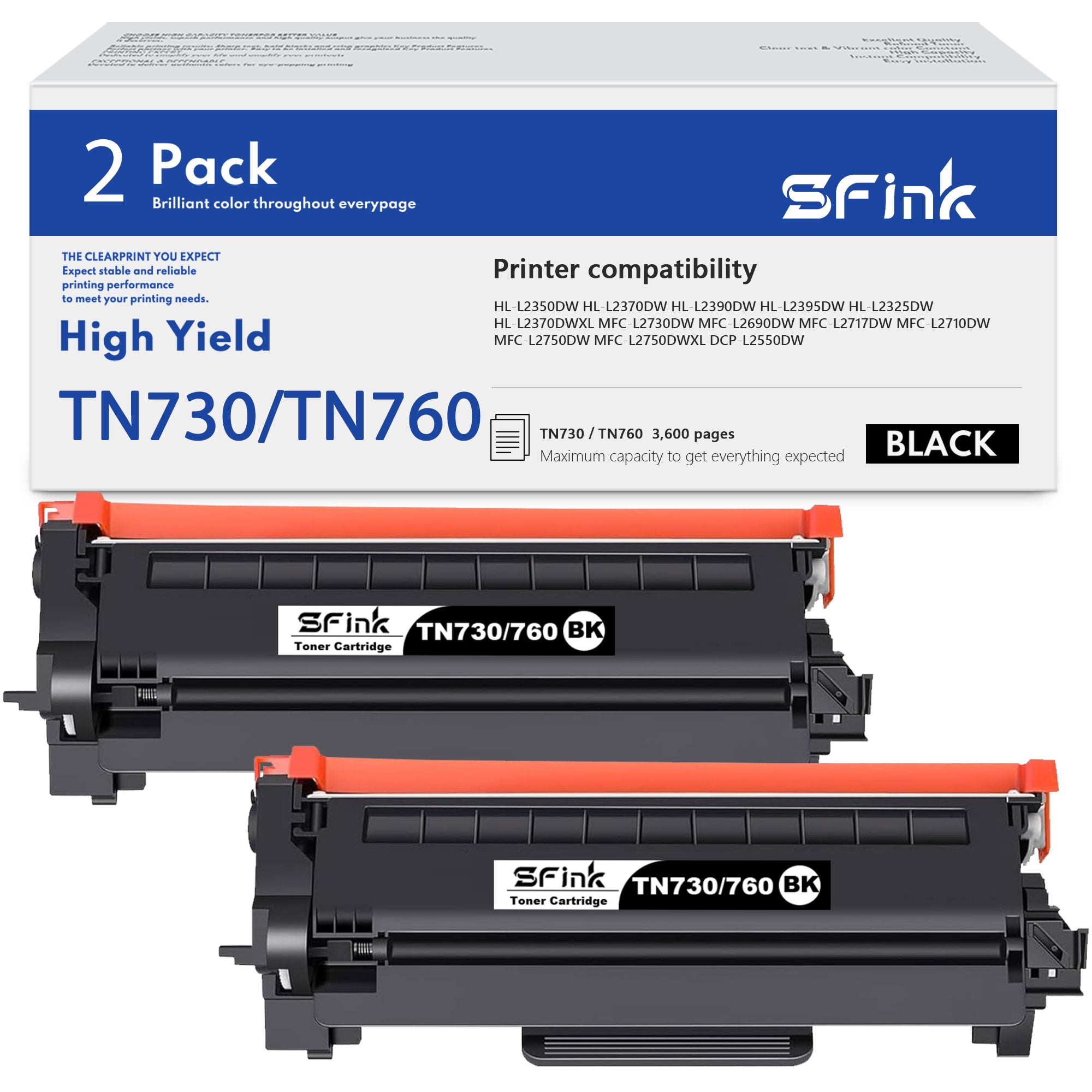 Brother TN760 High Yield Black Toner Cartridge, 2 Pack, Compatible with ...