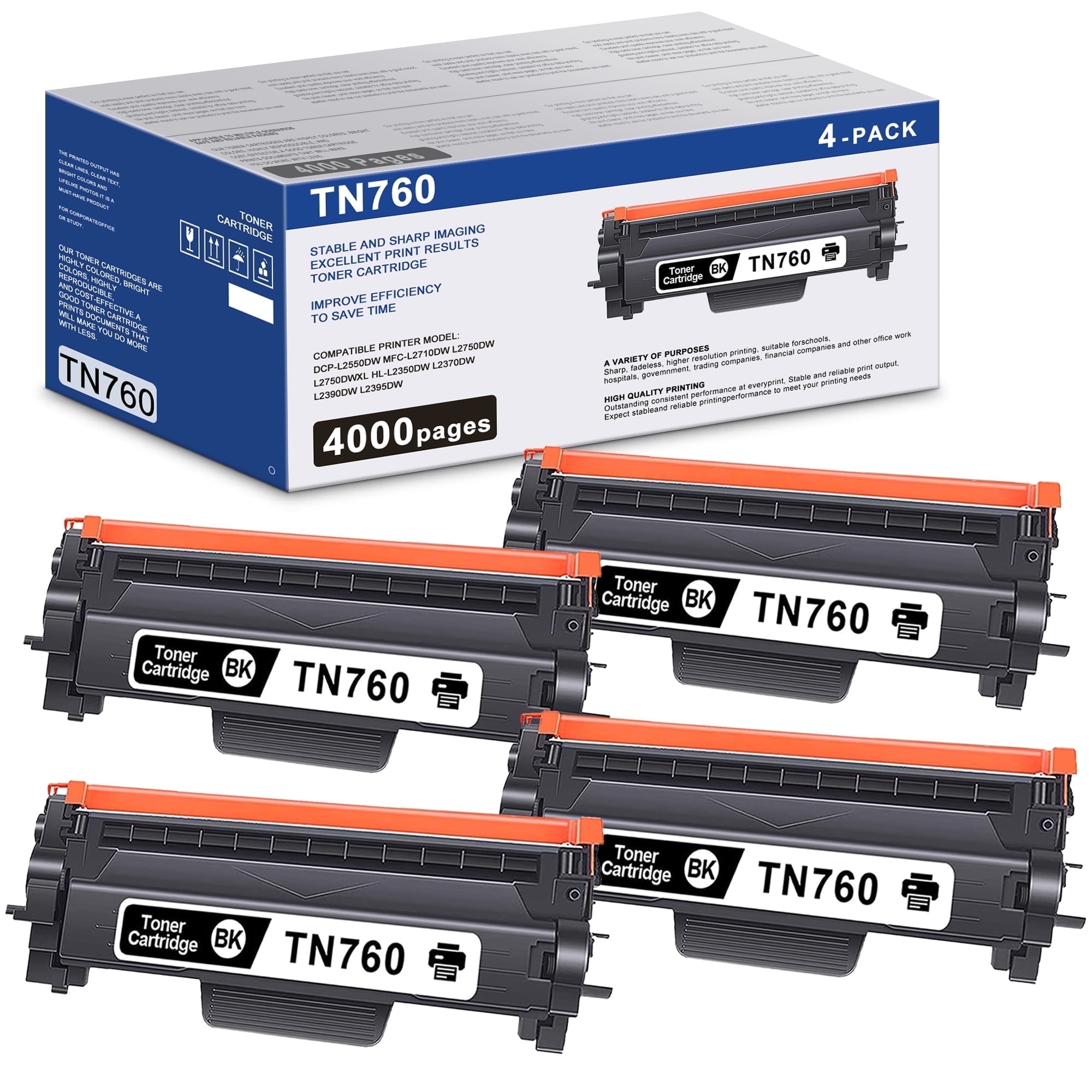 Brother Compatible High Yield Toner Cartridge TN760 4 Pack, 4000 Pages ...