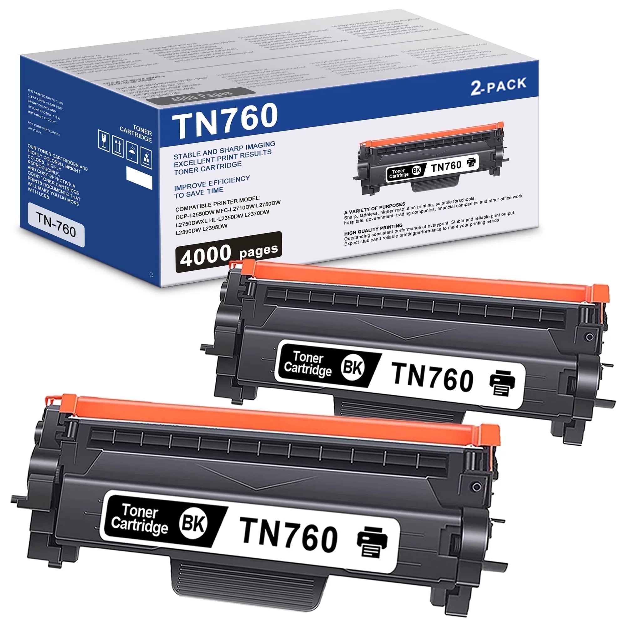 TN760 TN 760 Toner Cartridge Black 2-Pack Replacement for Brother TN760 ...