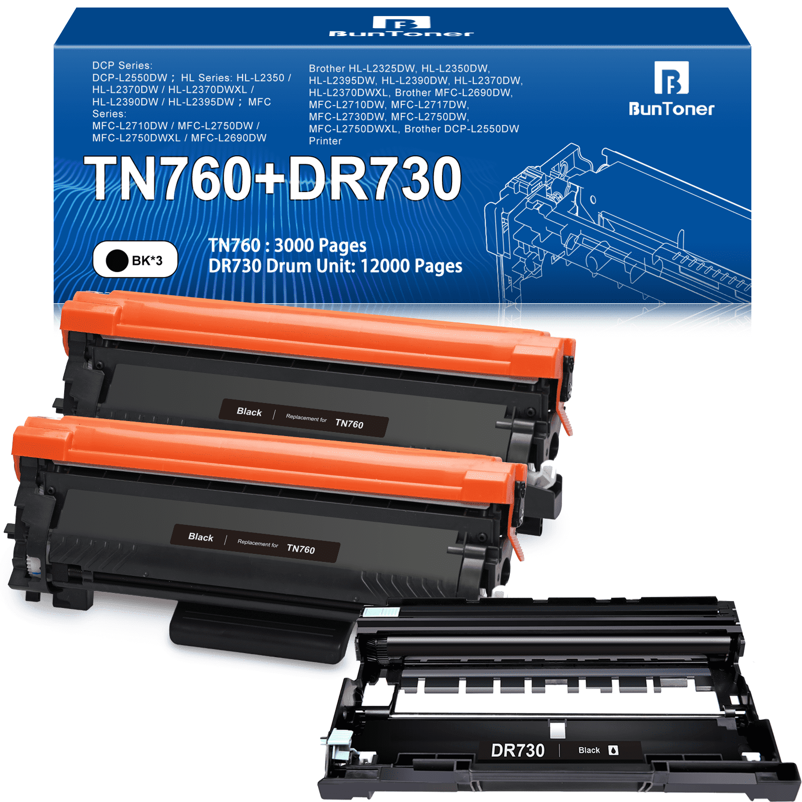 BUNTONER TN760 Black Toner Cartridges, DR730 Drum Unit, 2 Pack Toner, 1 ...