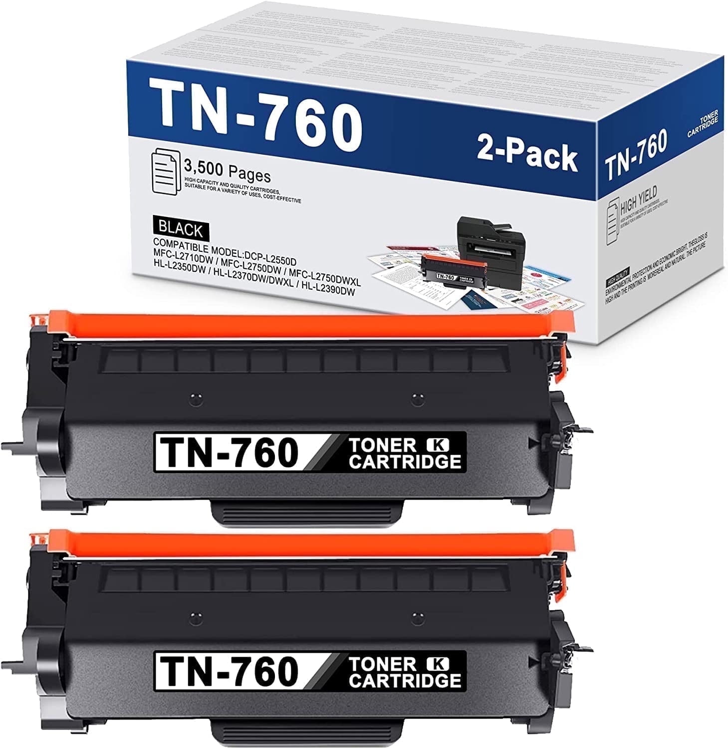 Brother TN-760 High Yield Black Toner Cartridge 2 Pack for HL-L2390DW ...