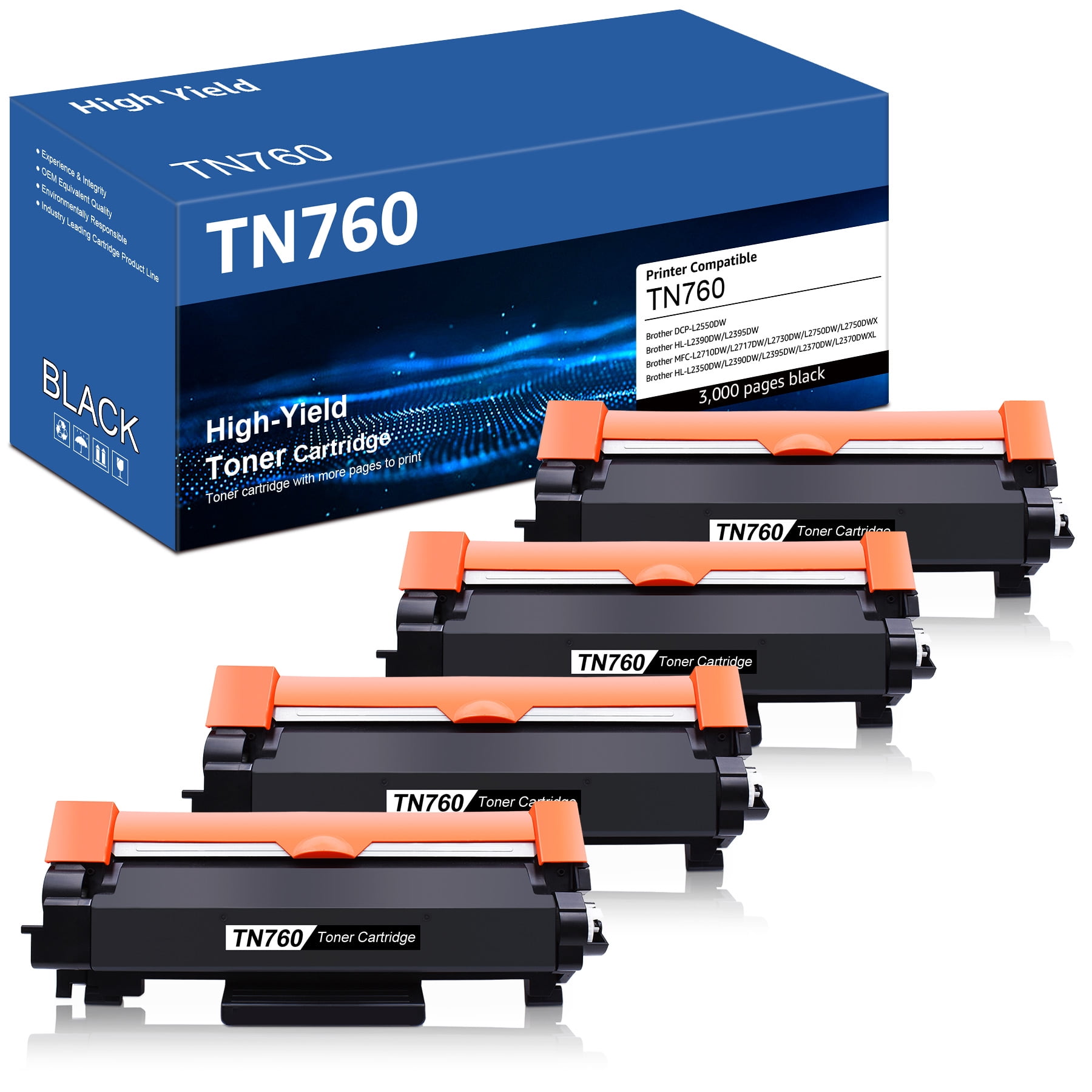 4-Pack TN760 Toner for Brother, Fits HL-L2350DW to L2750DW, DCP-L2550DW ...