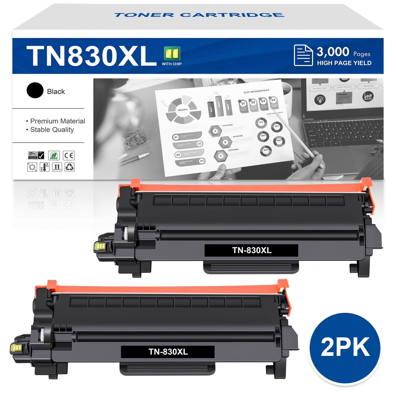 Brother TN830XL High Yield Black Toner Cartridge 2-Pack for HL-L2400D ...