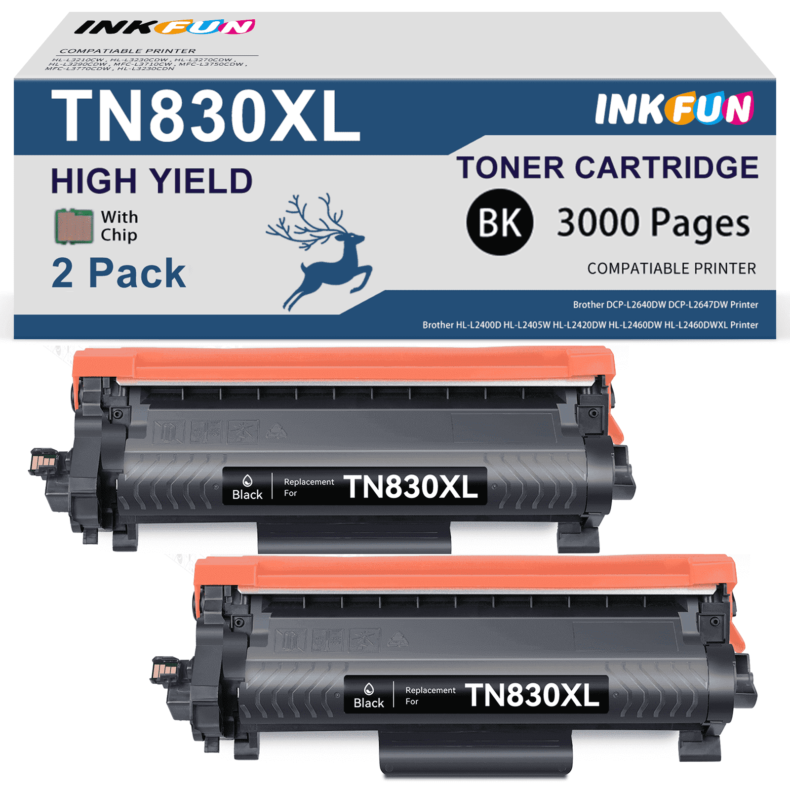 INKFUN TN830XL Toner Cartridge 2 Pack for Brother DCP-L2640DW HL-L2400D ...