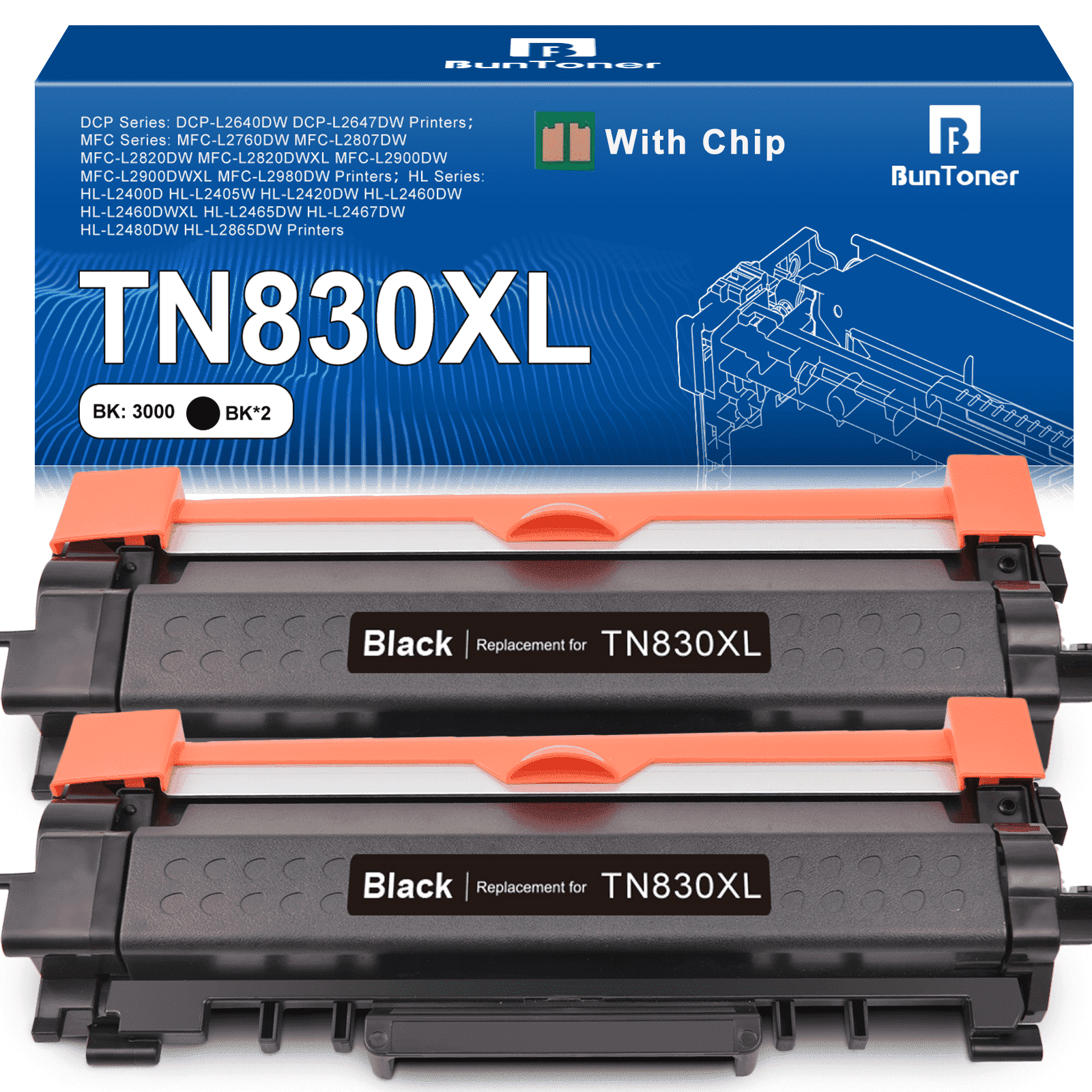 BUNTONER TN830XL TN830 Black Toner Cartridge Replacement, High Yield, 2 ...