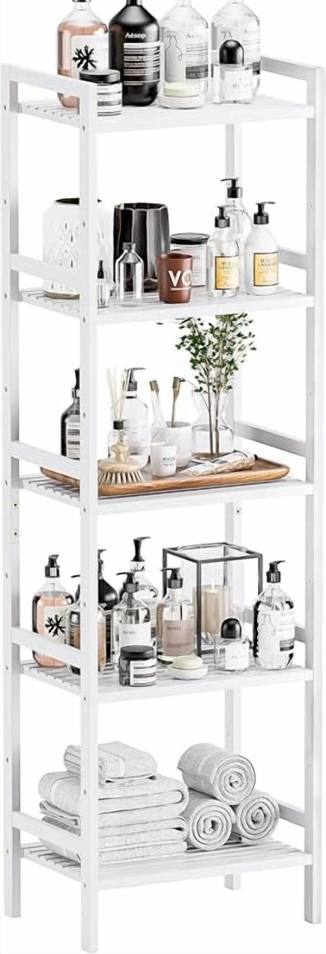 TNET Tall Narrow Bookshelf, 5 Tier Bathroom Shelf Bamboo, Floor ...