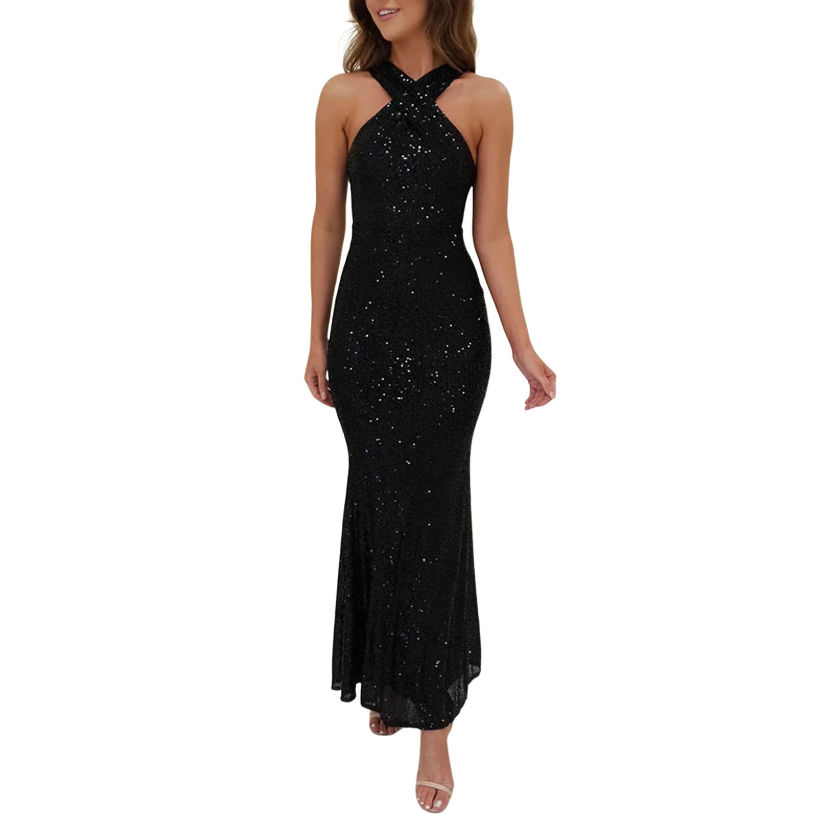 TNOBHG Ball Gown Women Evening Dress Shiny Sequin Halter Neck Backless ...