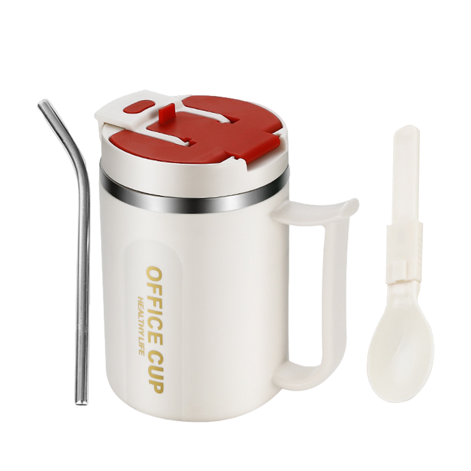 TNOBHG Curved Stainless Steel Straw Cup Stainless Steel Mug Tumbler with Handle Vacuum 500ml ...