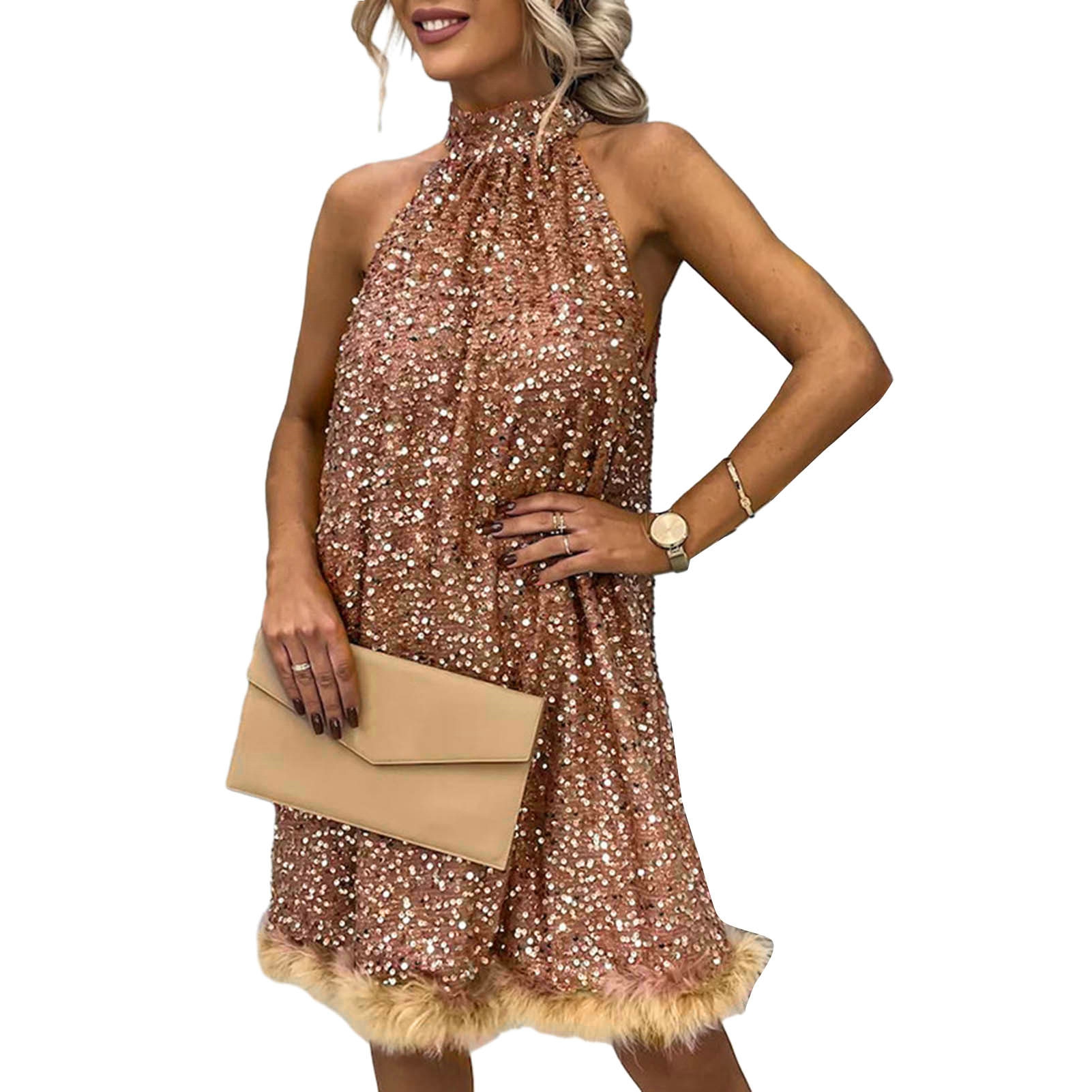 TNOBHG Sequin Halter Neck Dress Women's Sequin Halter Neck Sleeveless ...