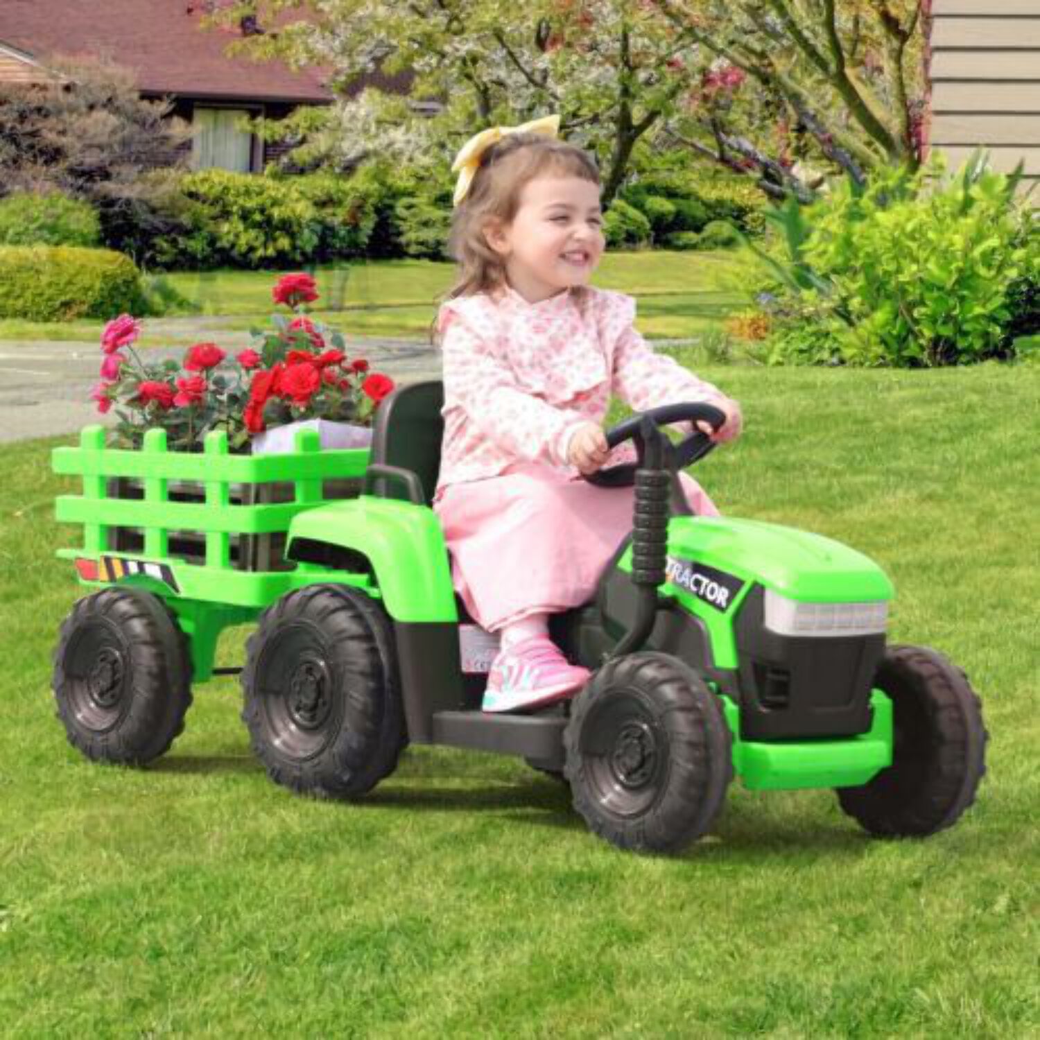 TOBBI 12V Battery-Powered Tractor Ride-On with Trailer for Kids ...