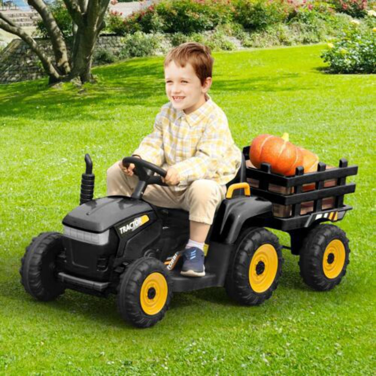 TOBBI 12V Electric Tractor Ride-On Toy with Trailer for Kids - Battery ...