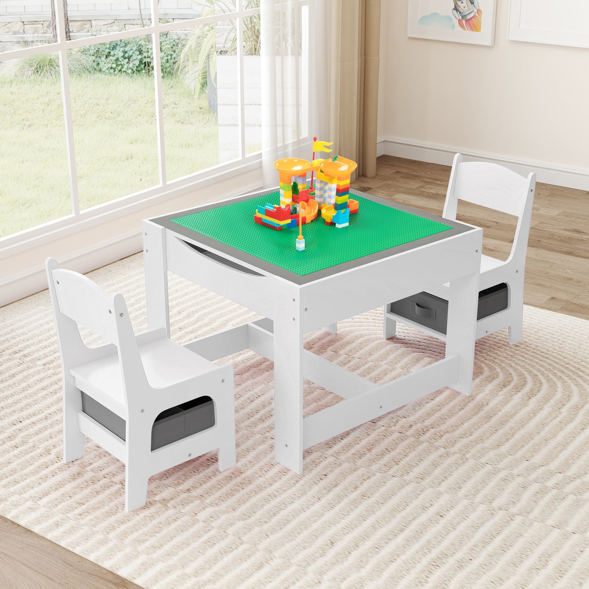TOBBI 3-in-1 Wooden Preschool Craft Table and 2 Chairs Set for Toddlers with Reading, Erasable ...
