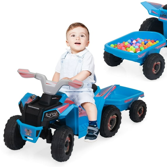 TOBBI 6V Kids ATV Quad Toy Car, Battery Powered, Blue, with Trailer ...