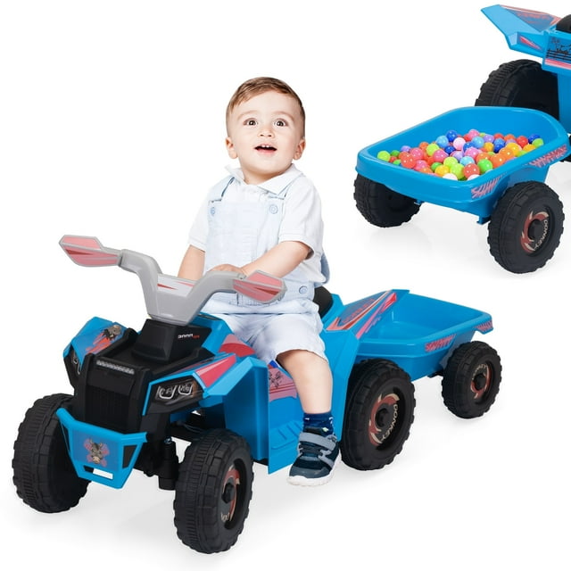 TOBBI 6V Kids ATV Quad Toy Car, Battery Powered, Blue, with Trailer, Bluetooth, MP3, Horn ...