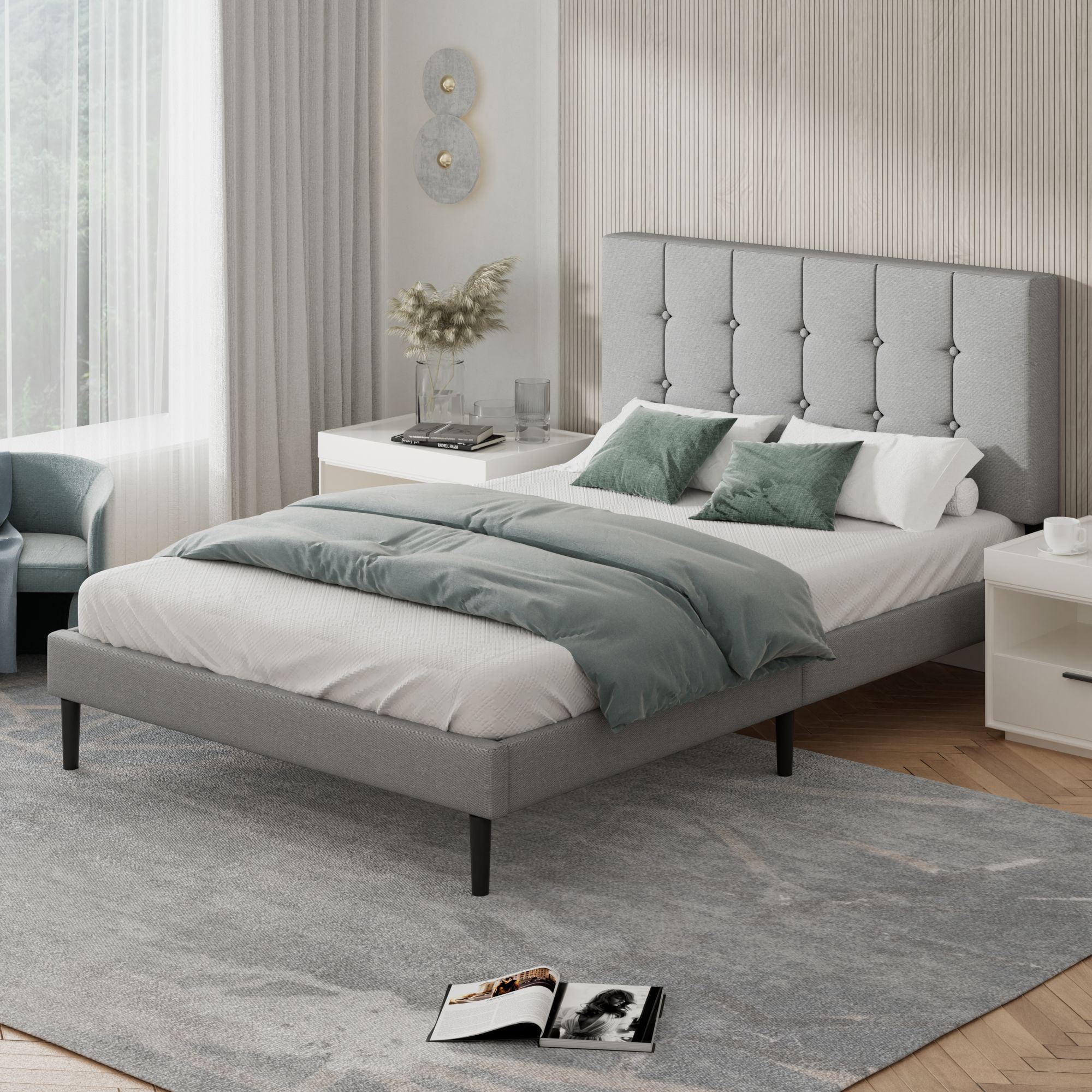 TOBILI Light Gray Wood Frame Full Platform Bed - Walmart.com