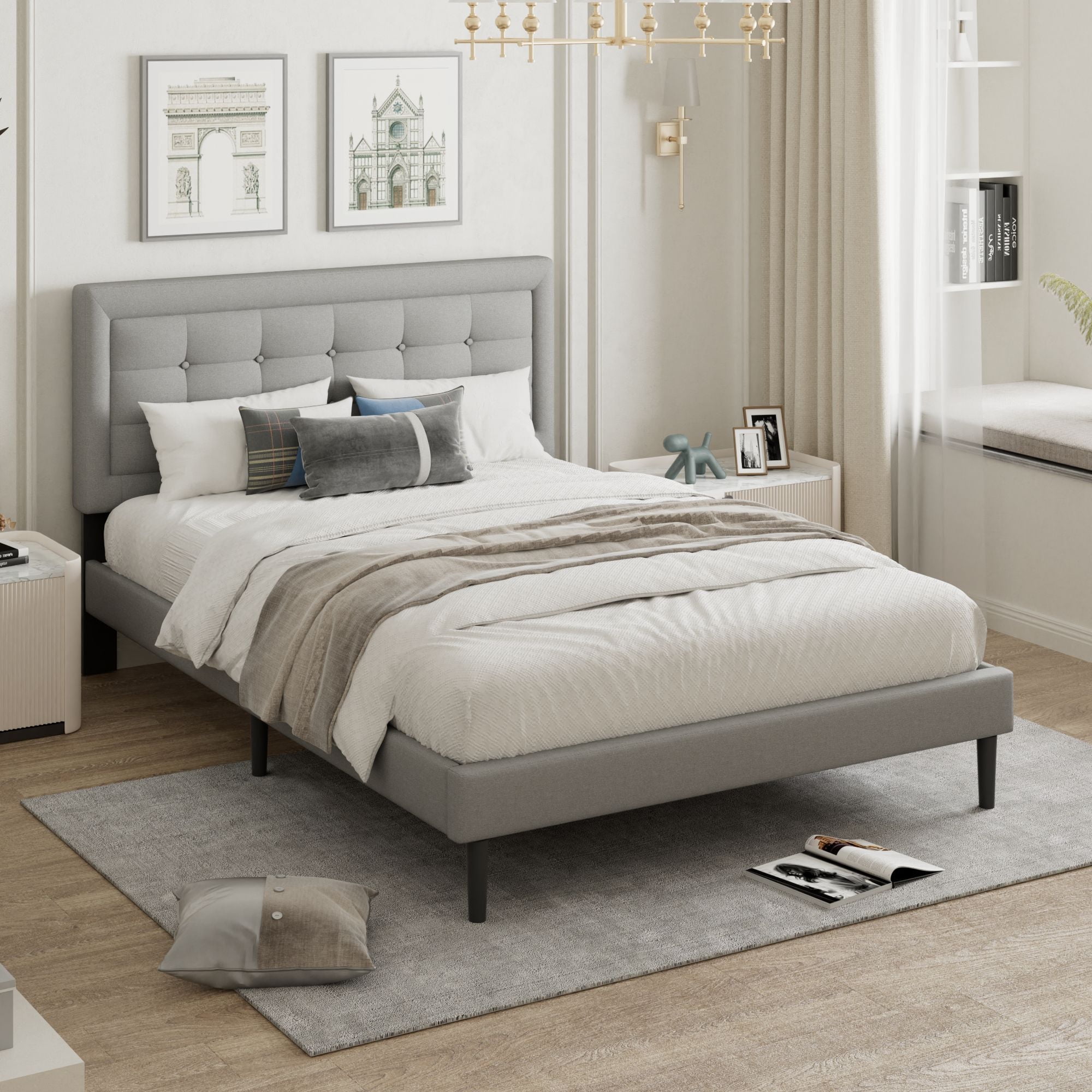 TOBILI Light Gray Wood Frame Full Platform Bed - Walmart.com