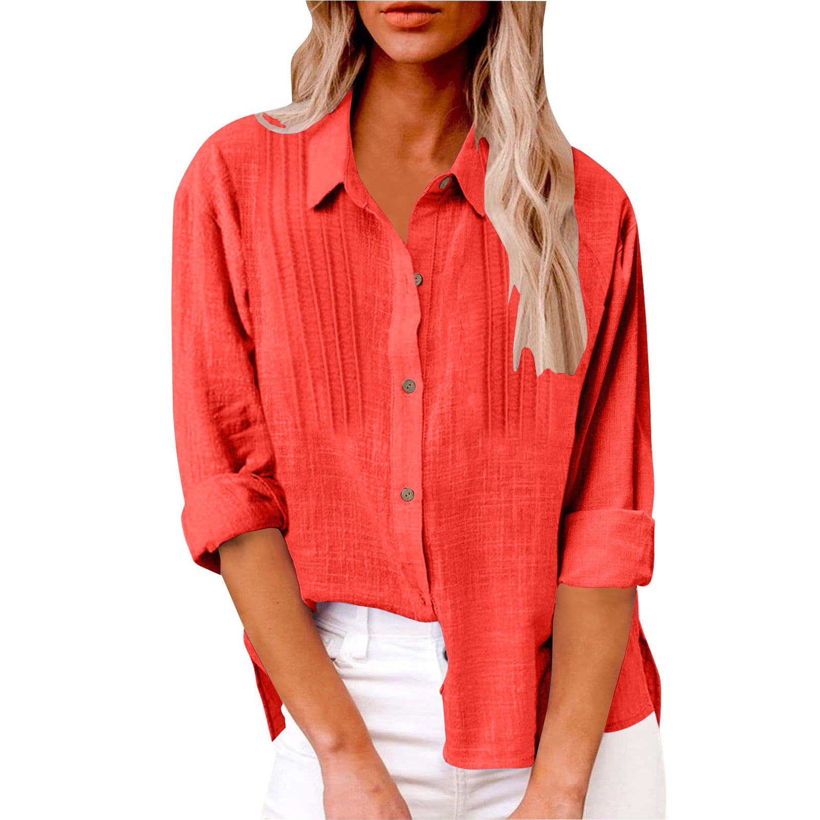 TODOZO Women Linen Button Down Shirt Rolled Cuffed Short Sleeve Blouse Ladies Summer Casual V ...