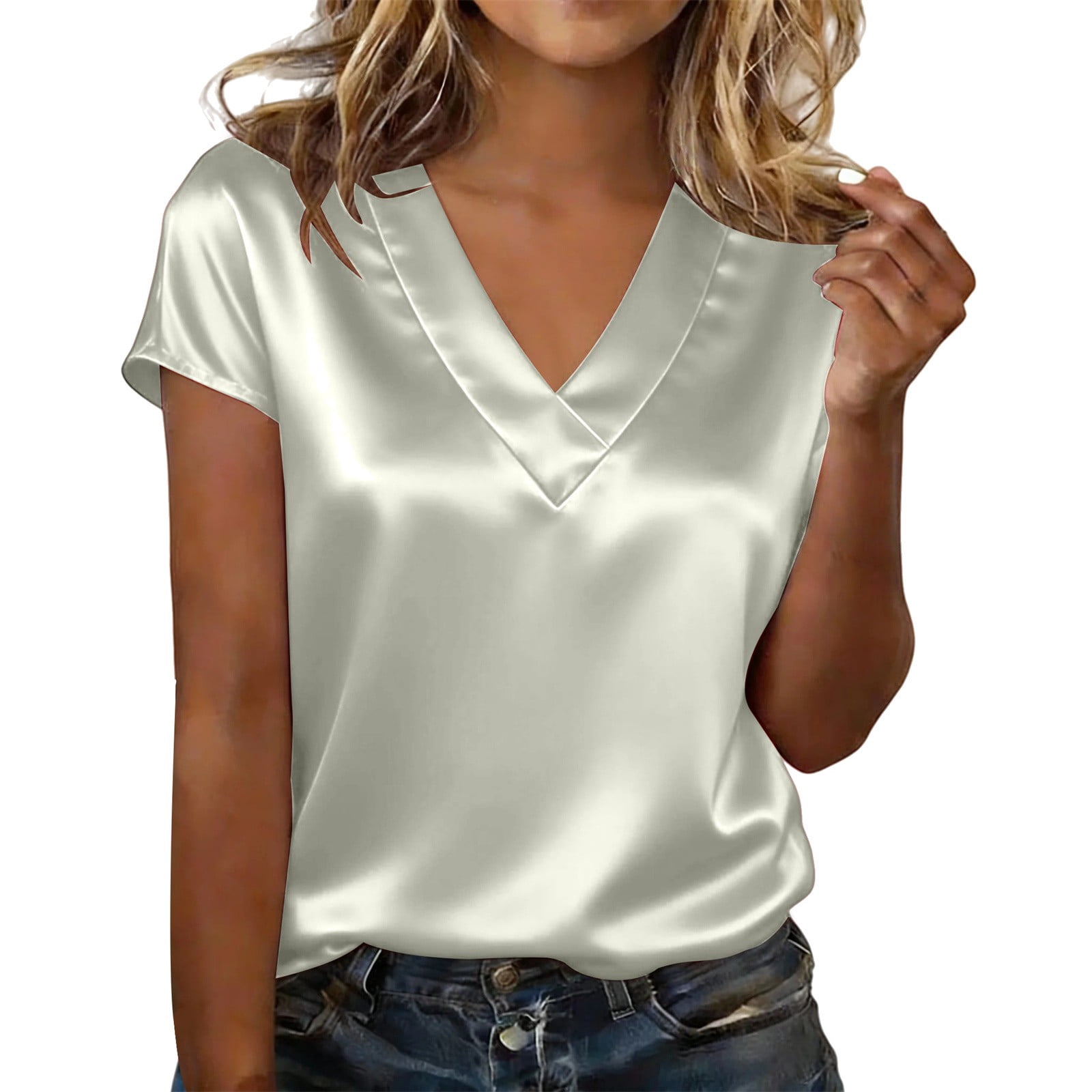 TODOZO Women Silk Satin Tops Cap Short Sleeve Blouse Summer V Neck ...