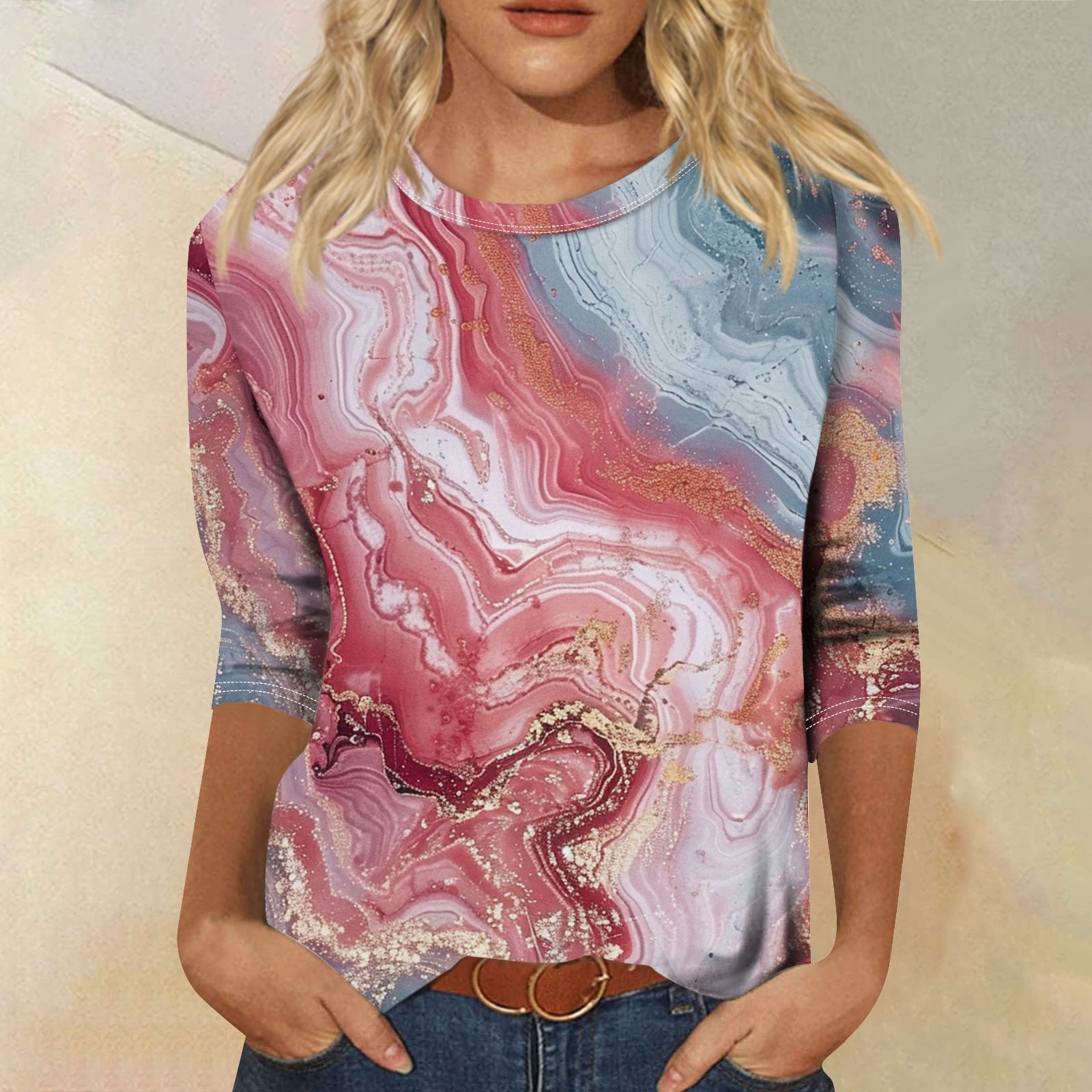 Tofotl 2024 Trendy Vintage 3 4 Sleeve Top For Women Ladies Casual Three