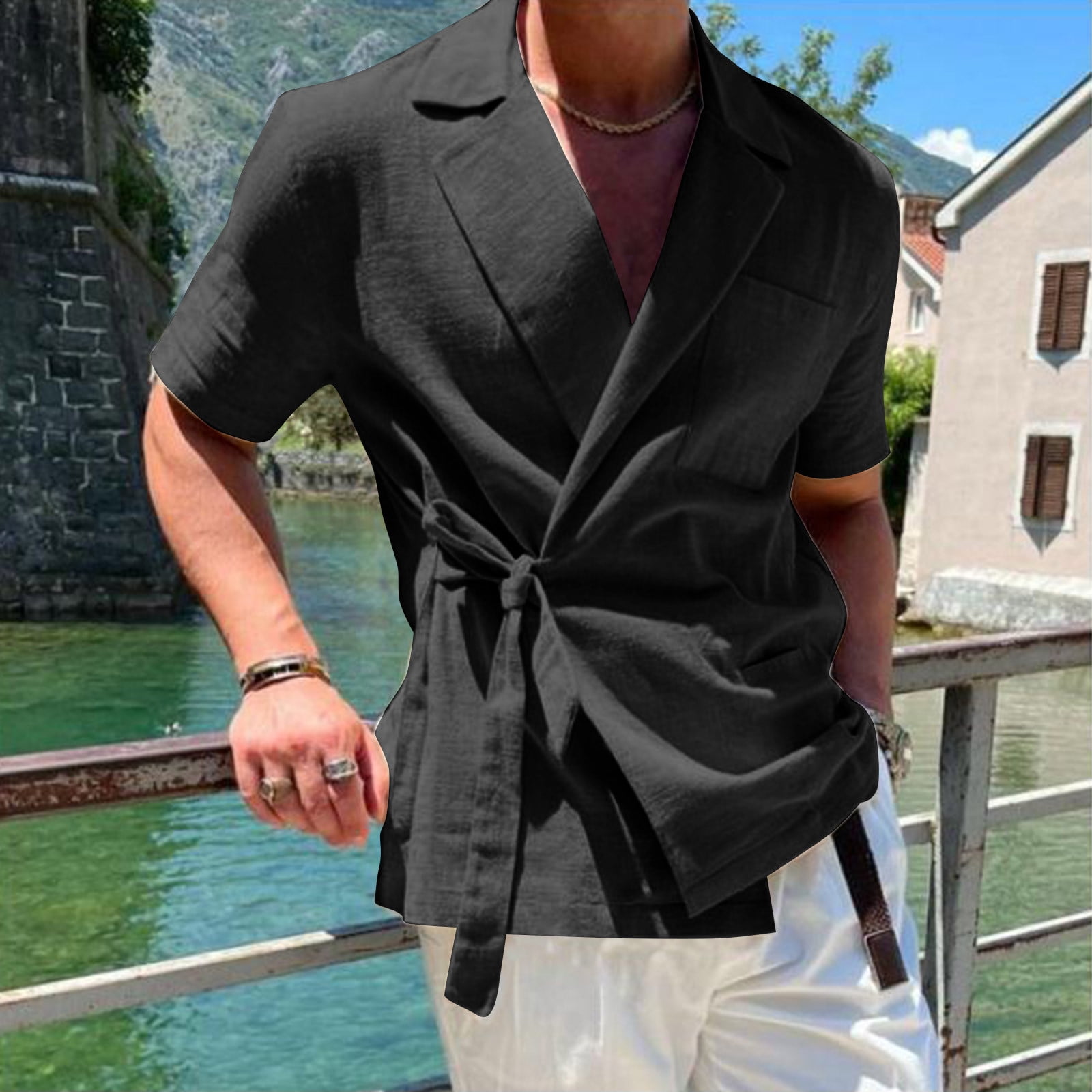 TOFOTL Men's Solid Color Cotton Linen Suit With Lapel And Tie Up Short Sleeved Shirt - Walmart.com